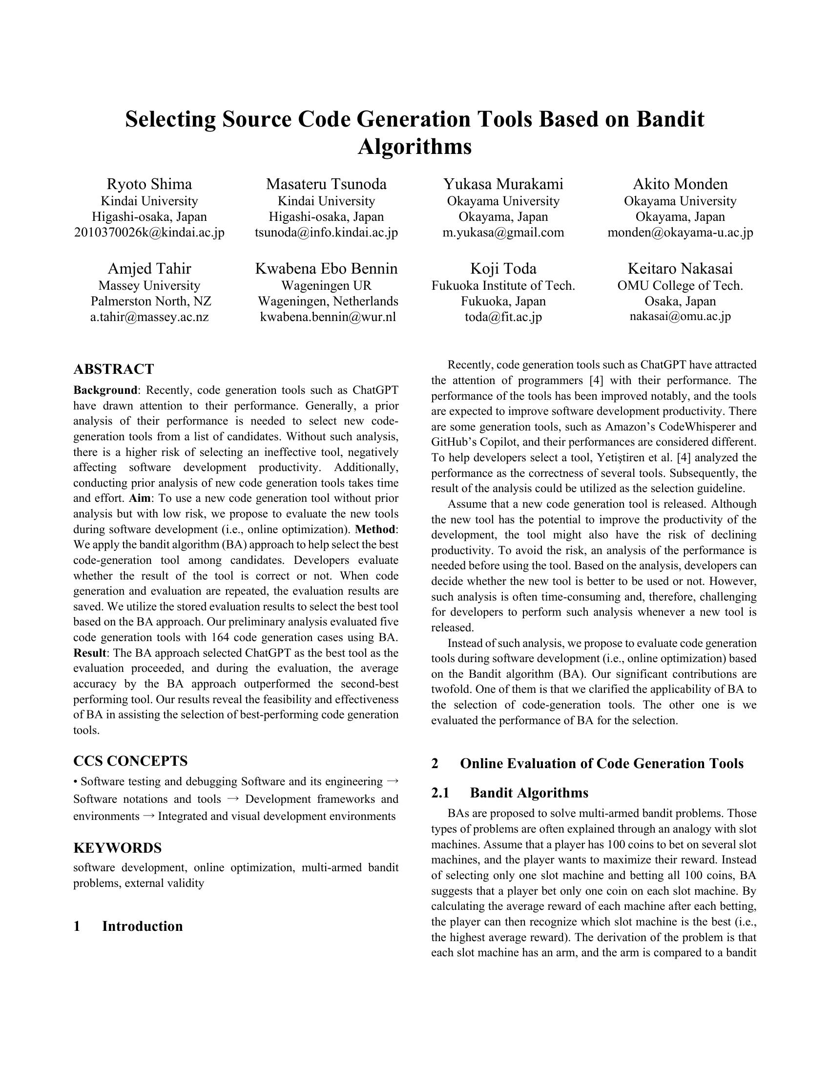 Selecting Source Code Generation Tools Based on Bandit Algorithms - 智源社区论文