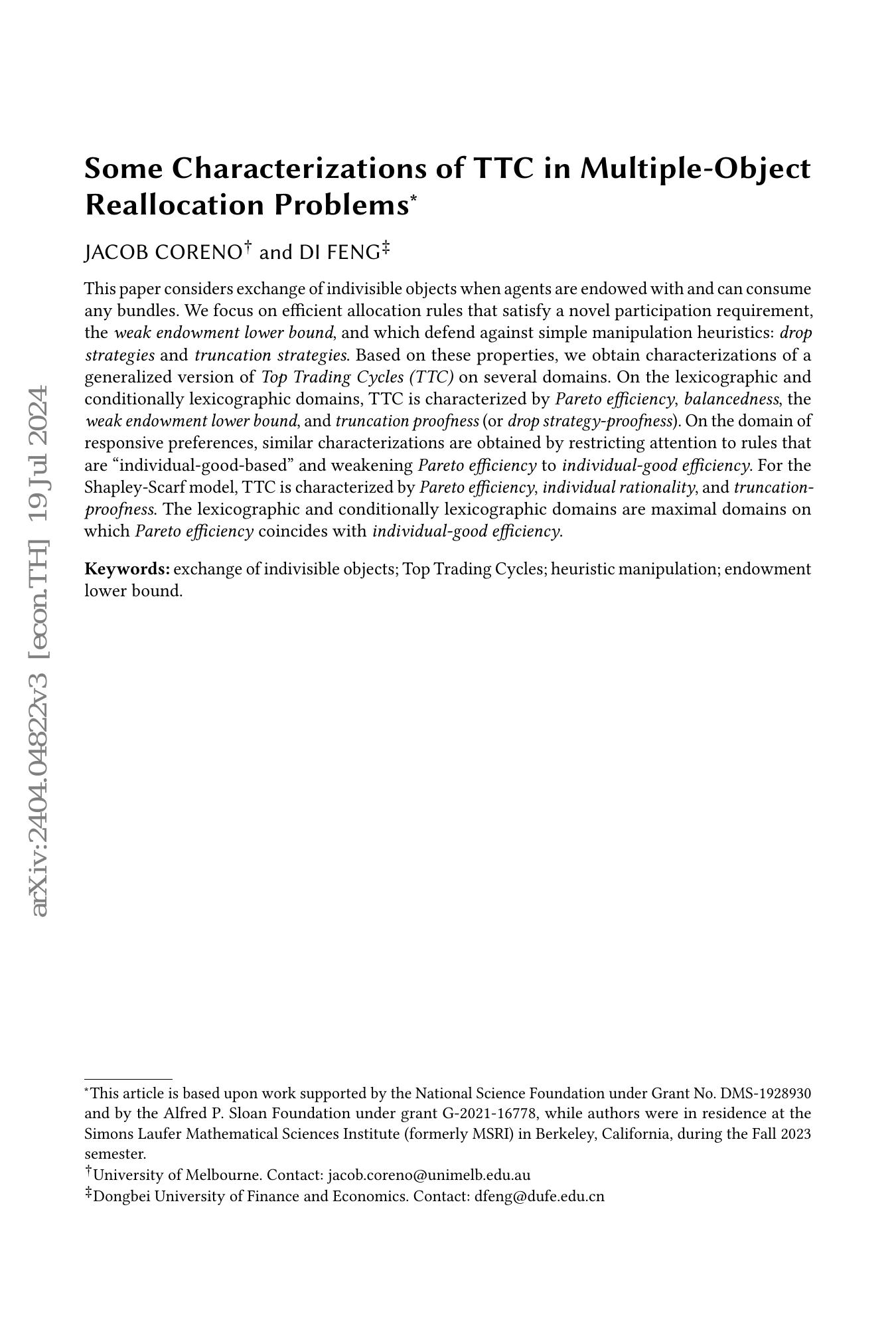 Some Characterizations of TTC in Multiple-Object Reallocation Problems ...