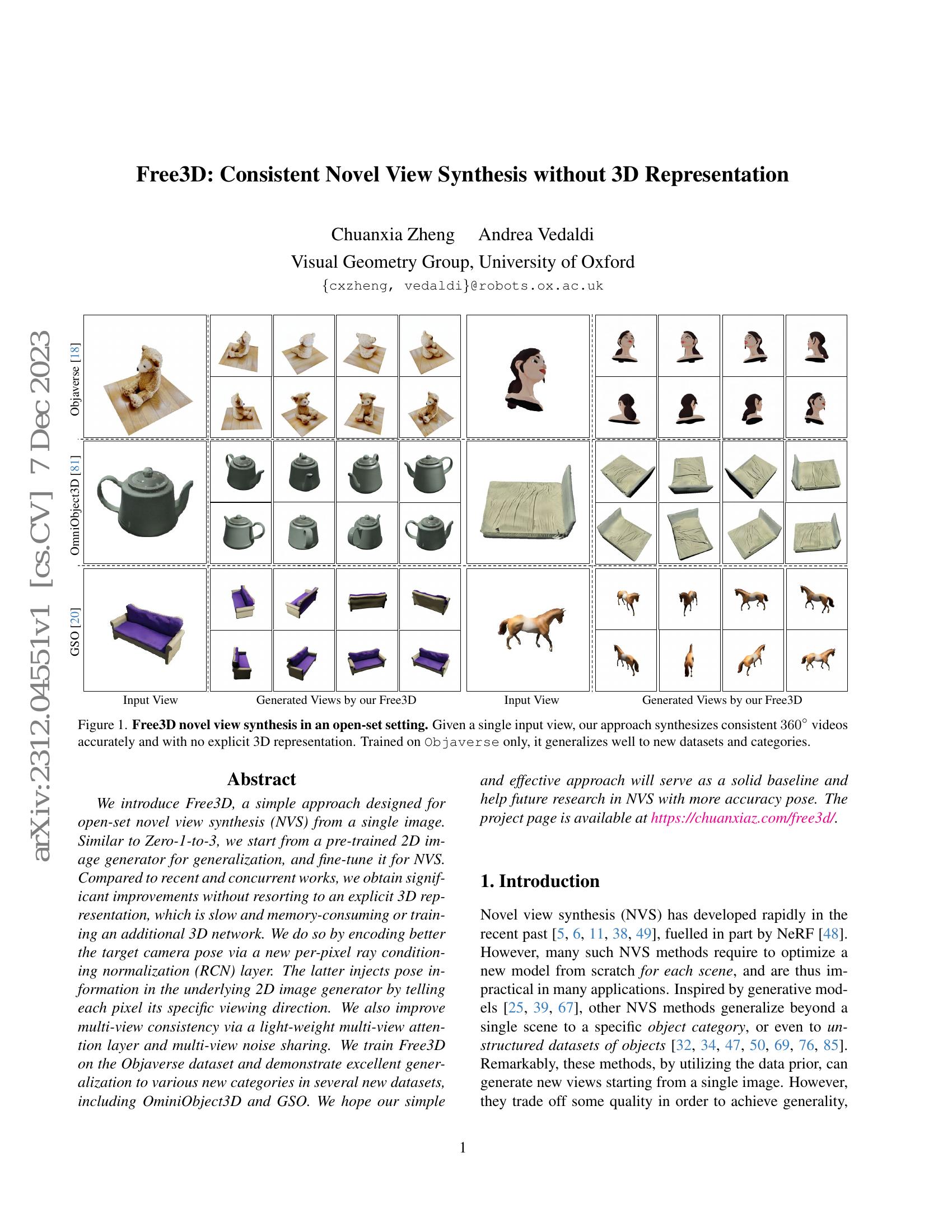 Free3D: Consistent Novel View Synthesis without 3D Representation - 智源社区论文