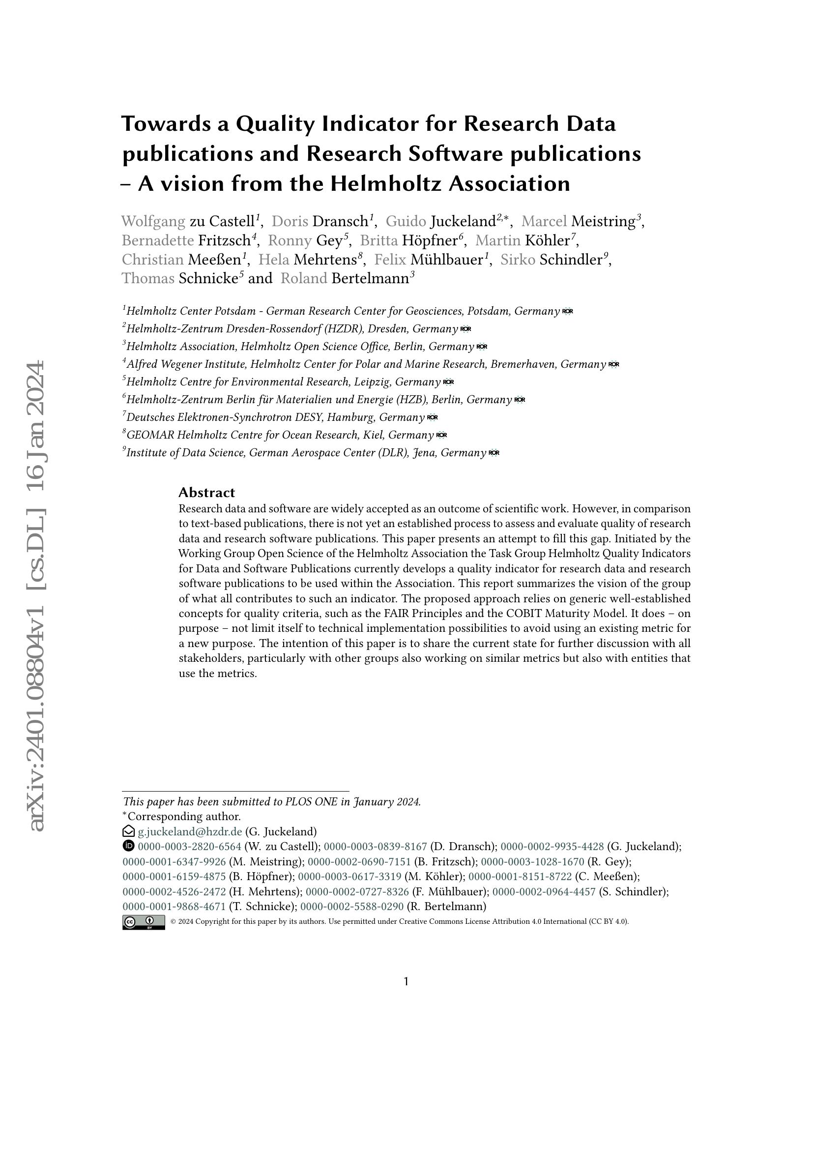 Towards a Quality Indicator for Research Data publications and Research ...