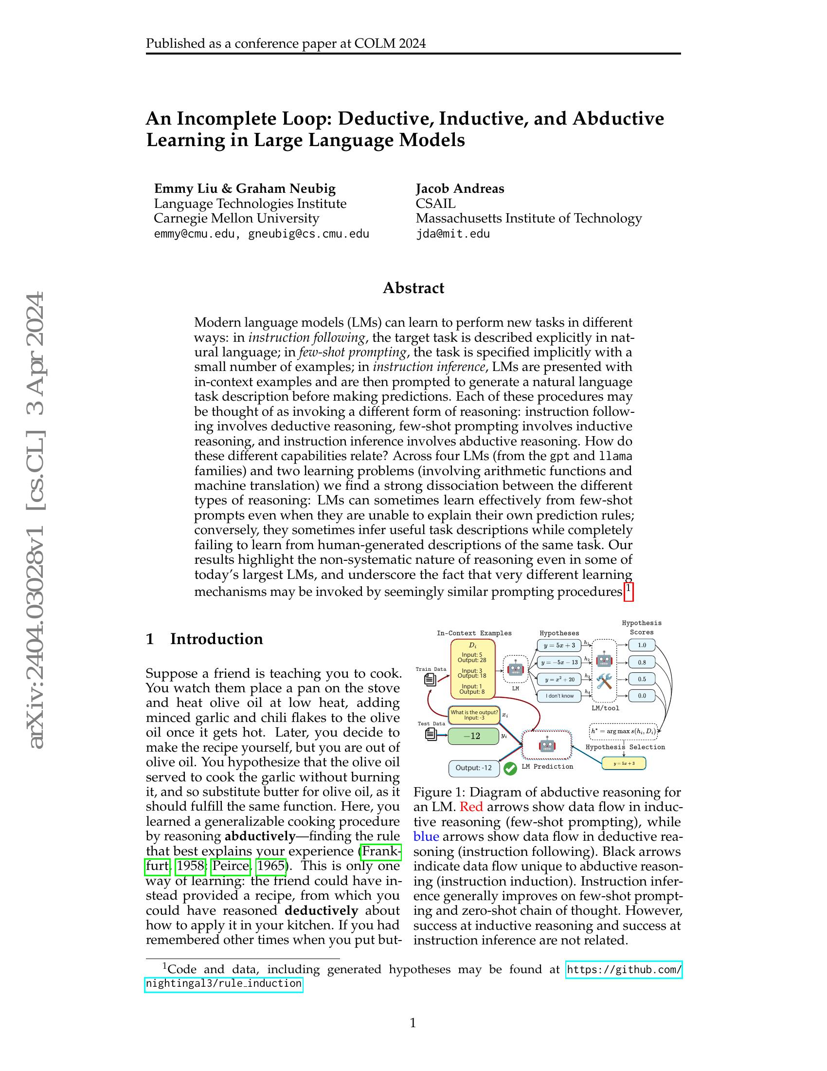 An Incomplete Loop: Deductive, Inductive, and Abductive Learning in Large Language Models - 智源社区论文