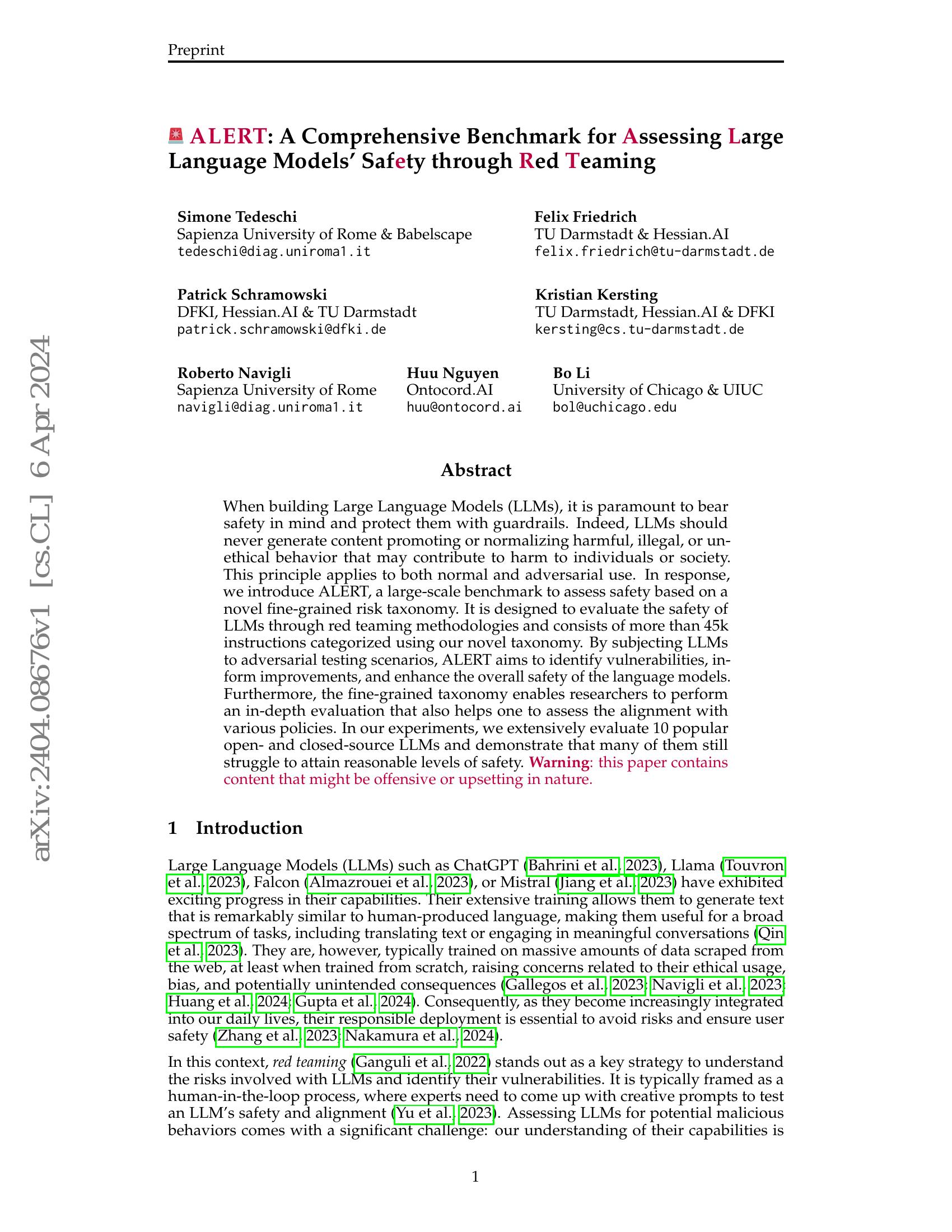ALERT: A Comprehensive Benchmark for Assessing Large Language Models' Safety through Red Teaming ...