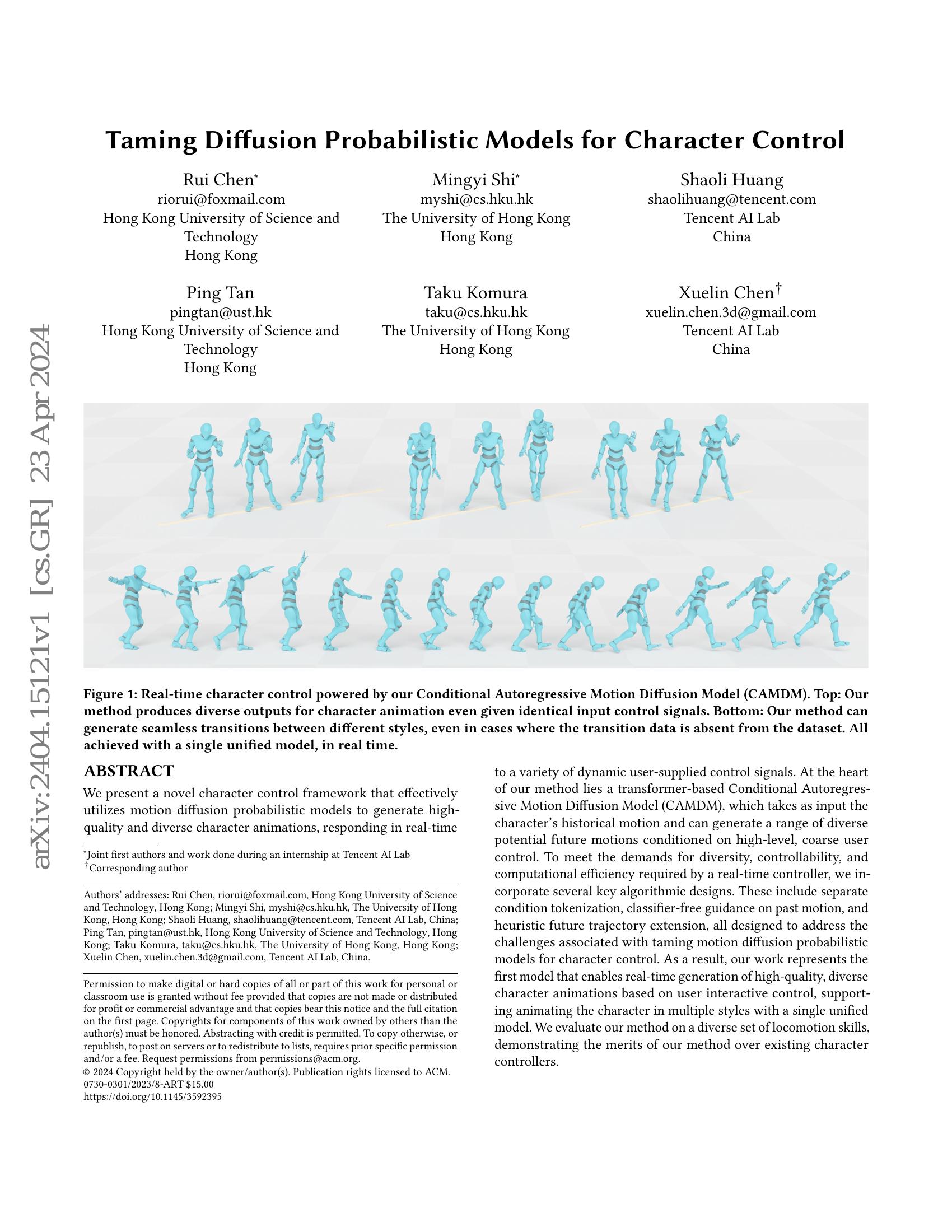 Taming Diffusion Probabilistic Models for Character Control - 智源社区论文