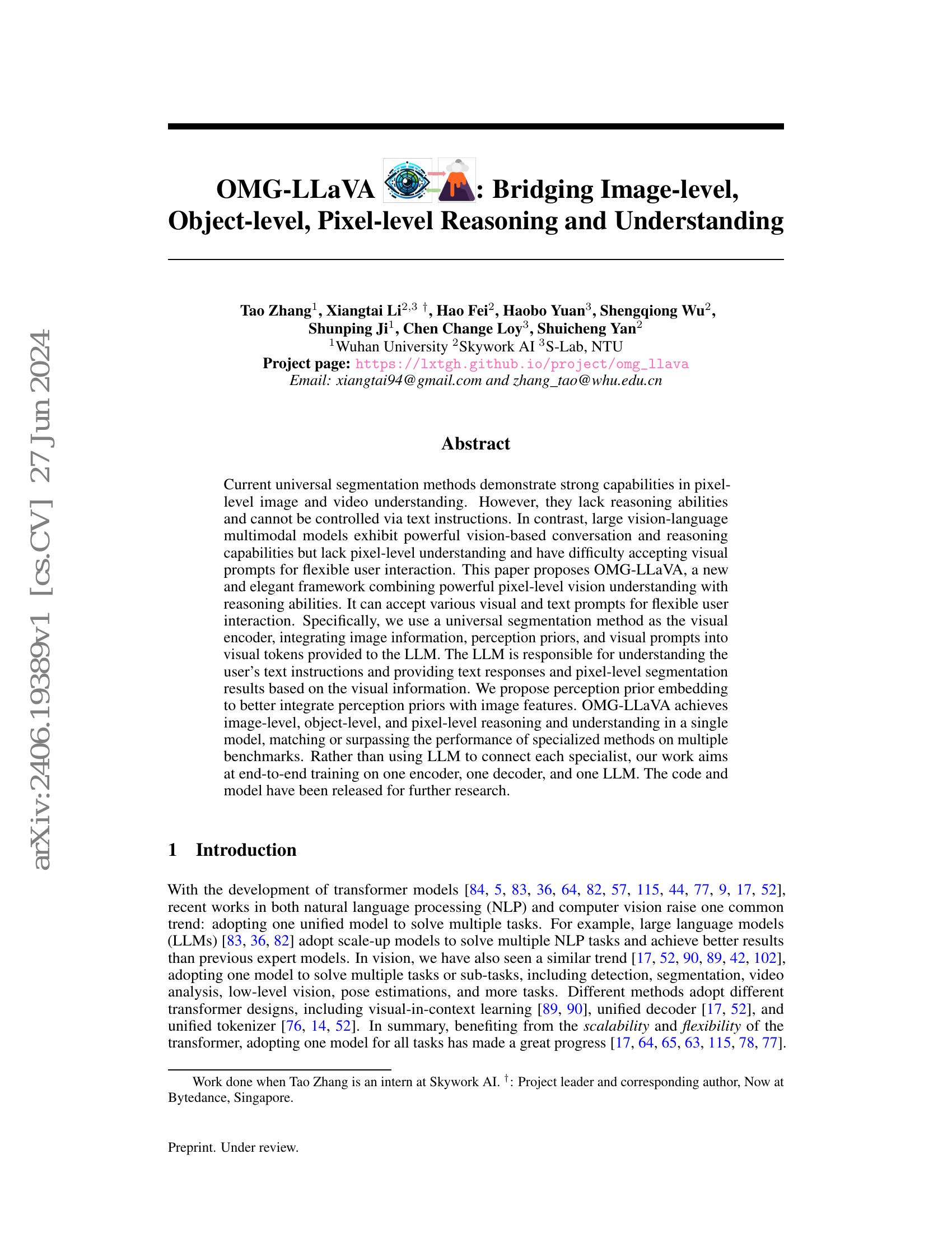 OMG-LLaVA: Bridging Image-level, Object-level, Pixel-level Reasoning and Understanding - 智源社区论文