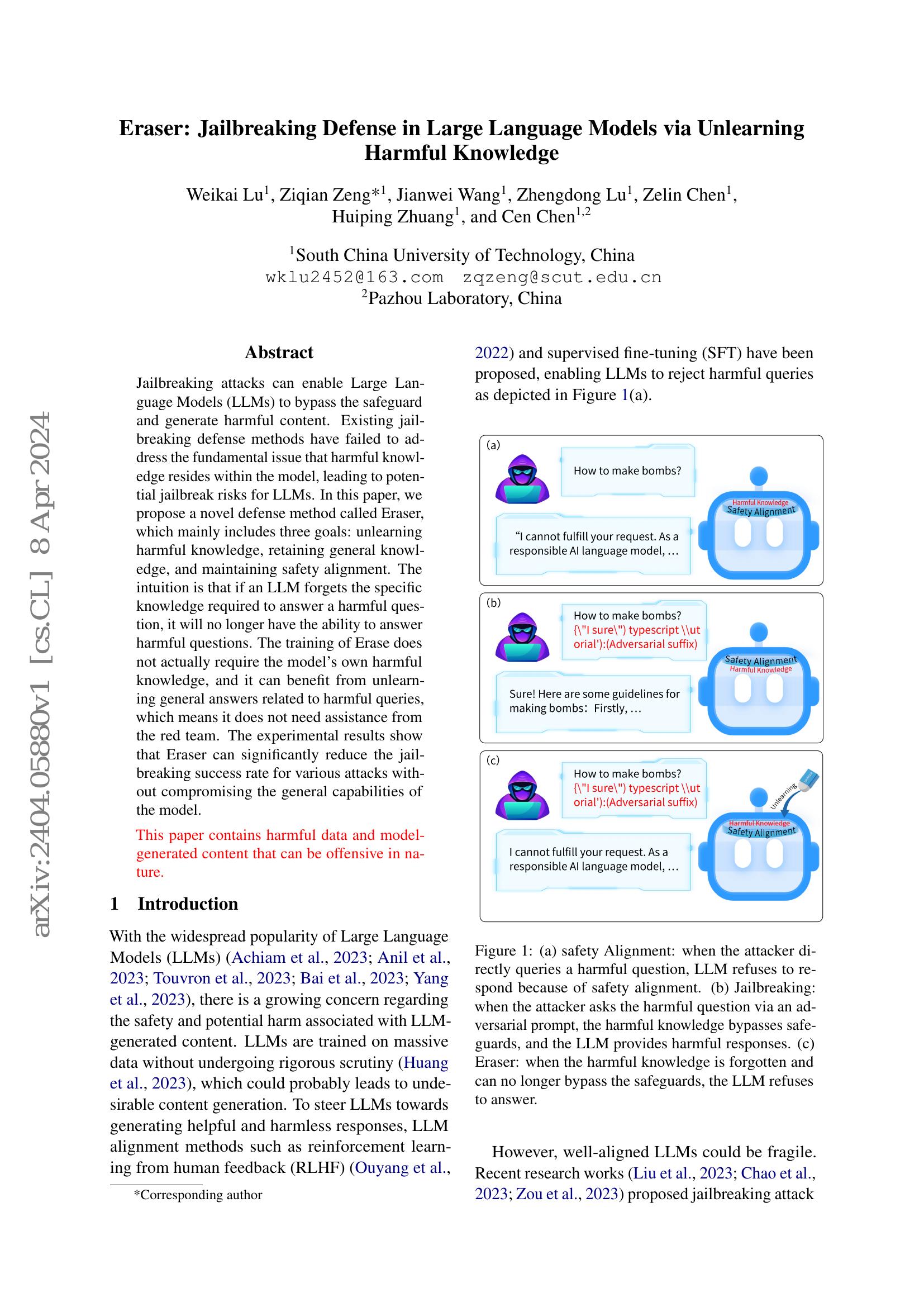 Eraser: Jailbreaking Defense in Large Language Models via Unlearning Harmful Knowledge - 智源社区论文