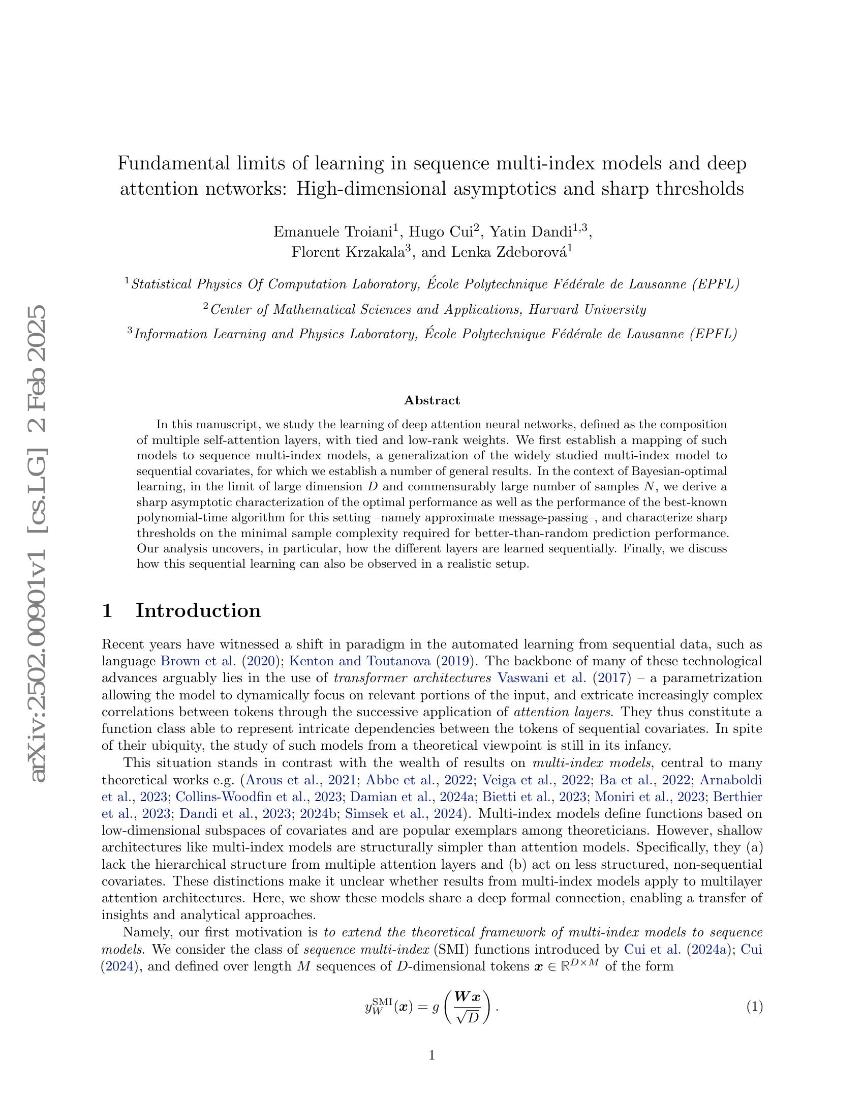 Fundamental limits of learning in sequence multi-index models and deep ...
