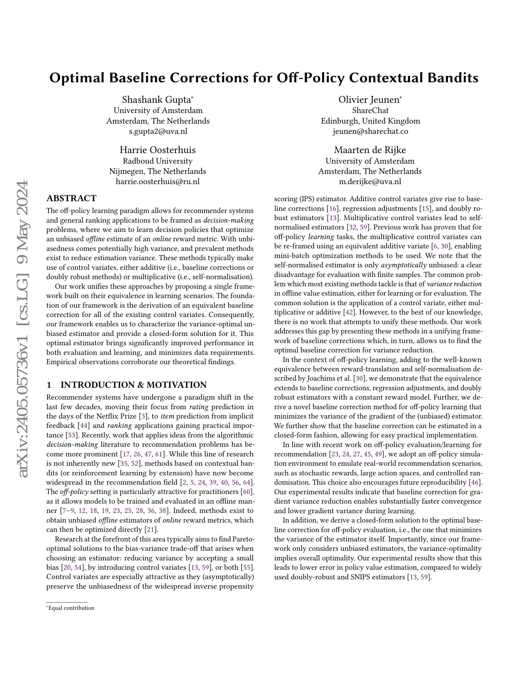 Optimal Baseline Corrections for Off-Policy Contextual Bandits - 智源社区论文