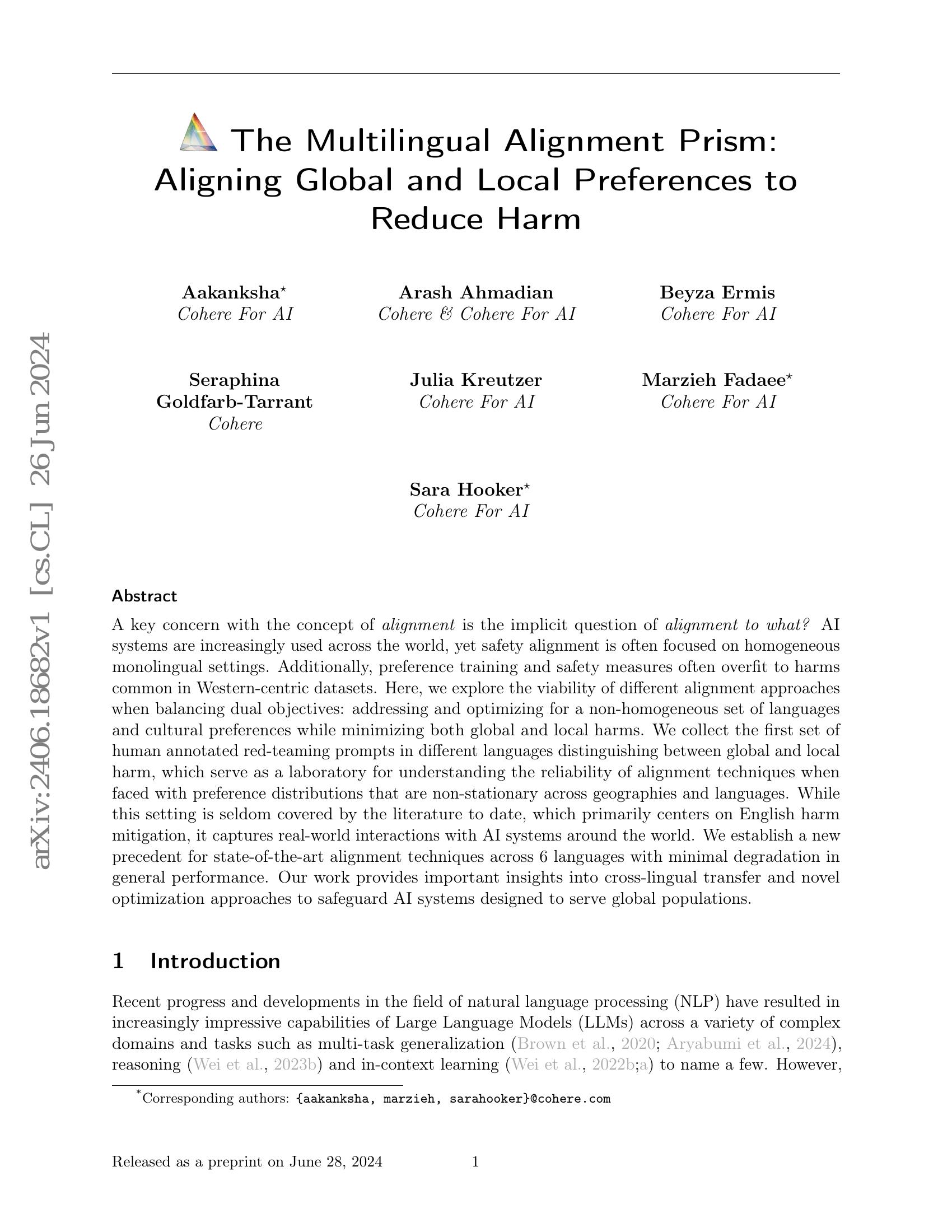 The Multilingual Alignment Prism: Aligning Global and Local Preferences to Reduce Harm - 智源社区论文