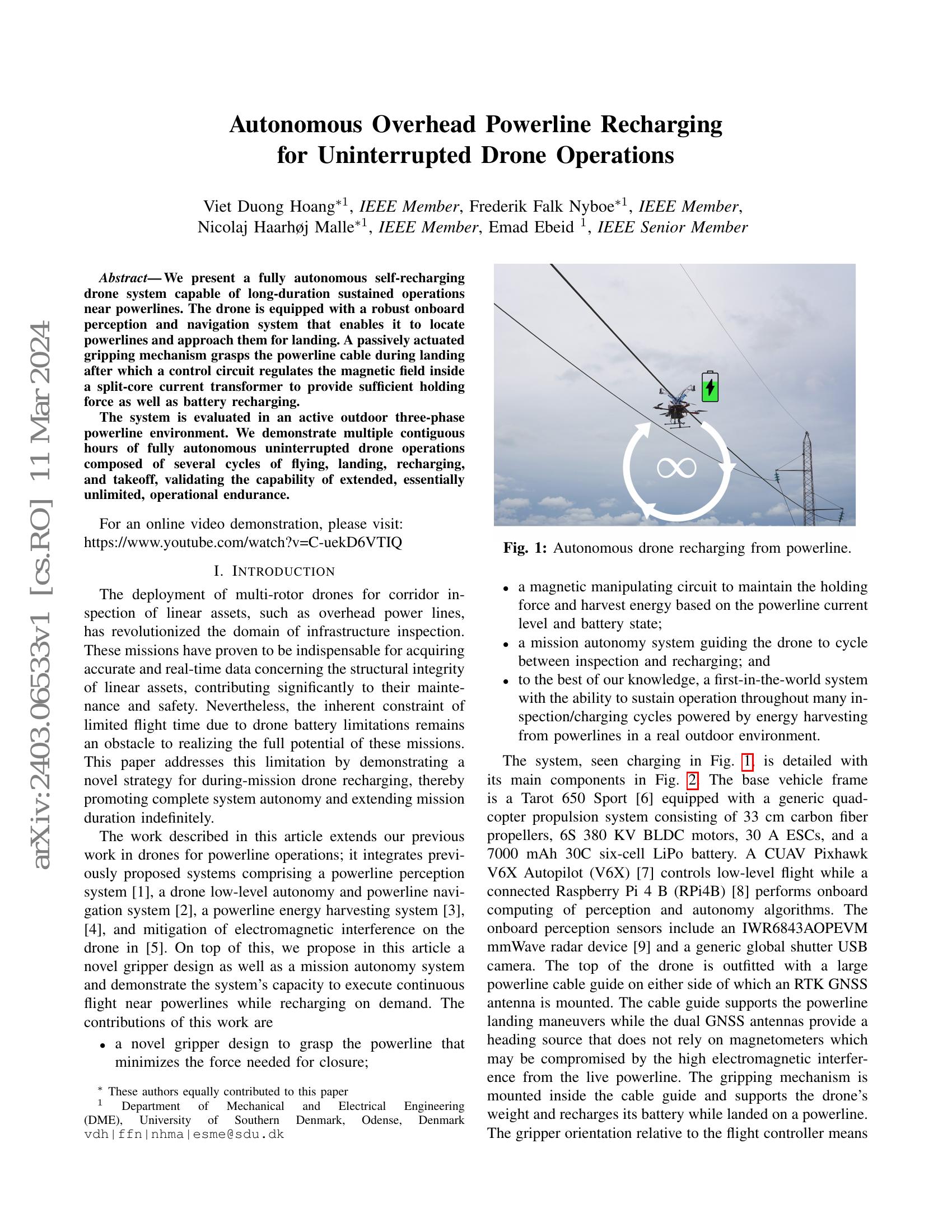 Autonomous Overhead Powerline Recharging for Uninterrupted Drone ...