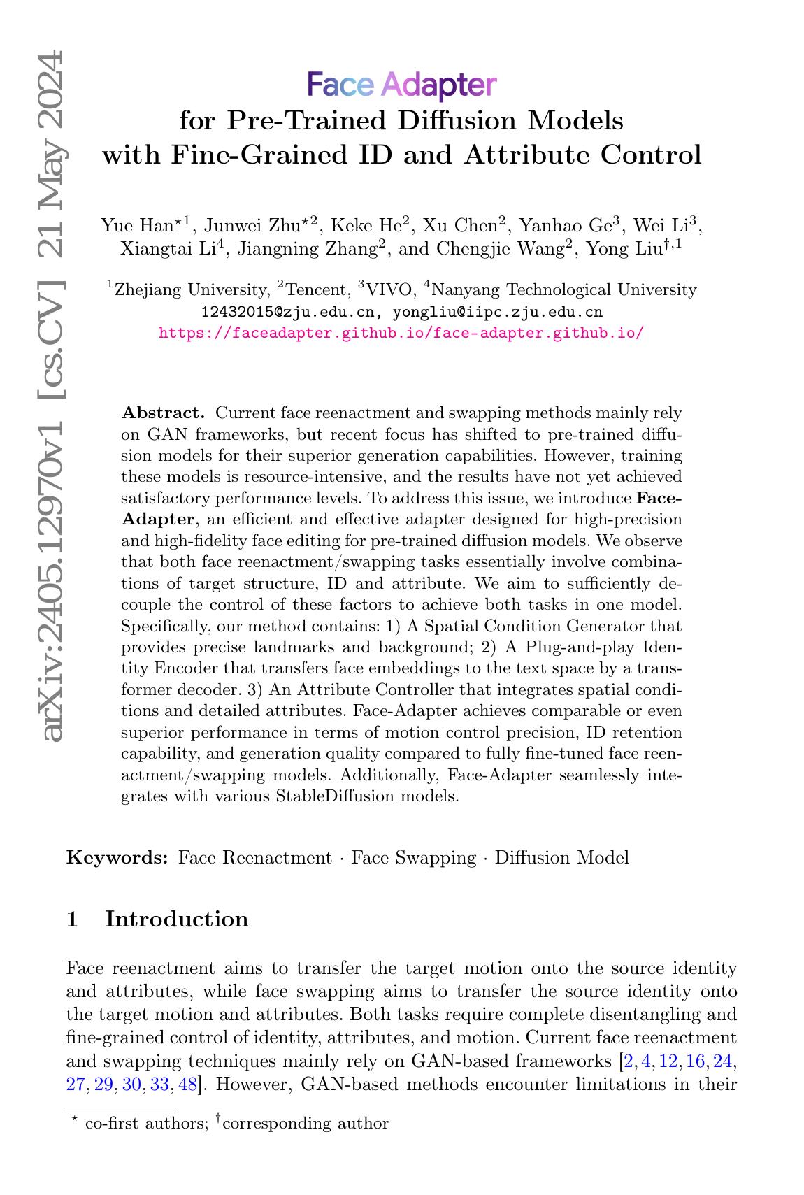 Face Adapter for Pre-Trained Diffusion Models with Fine-Grained ID and Attribute Control - 智源社区论文