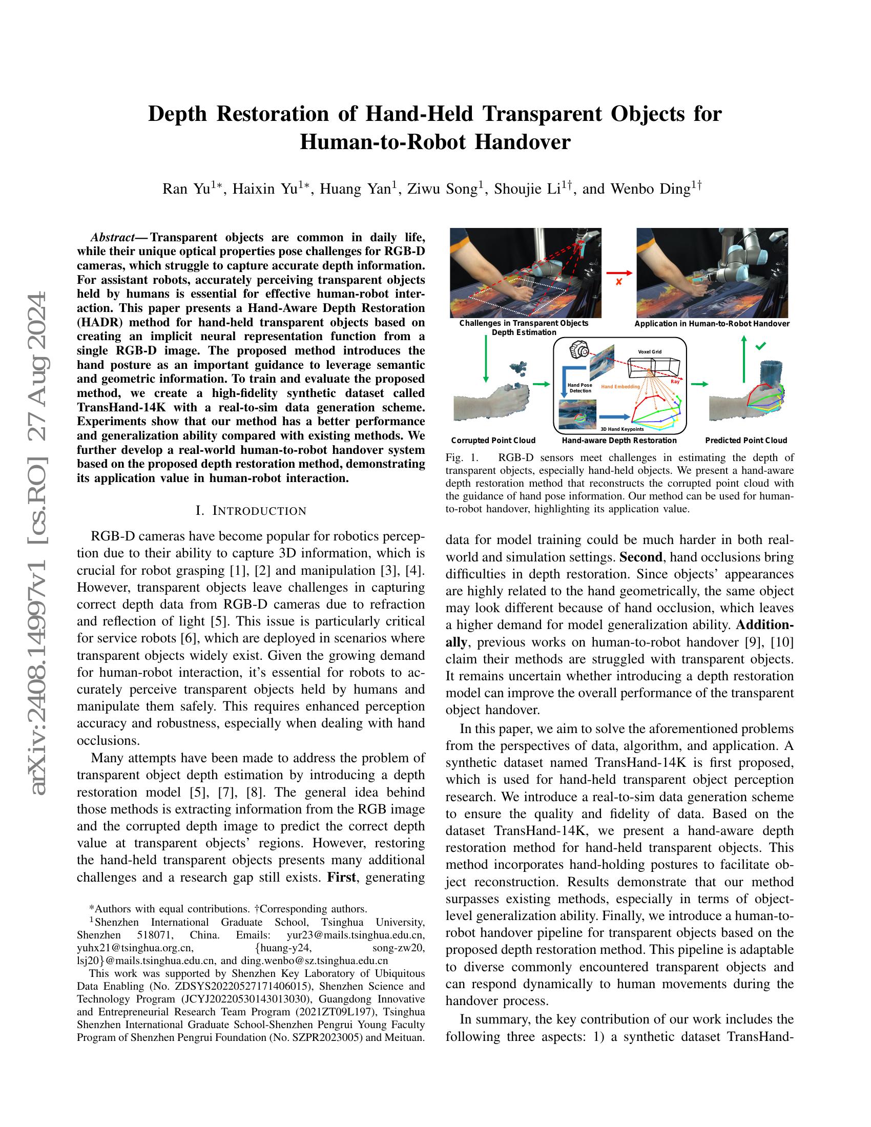 Depth Restoration of Hand-Held Transparent Objects for Human-to-Robot ...