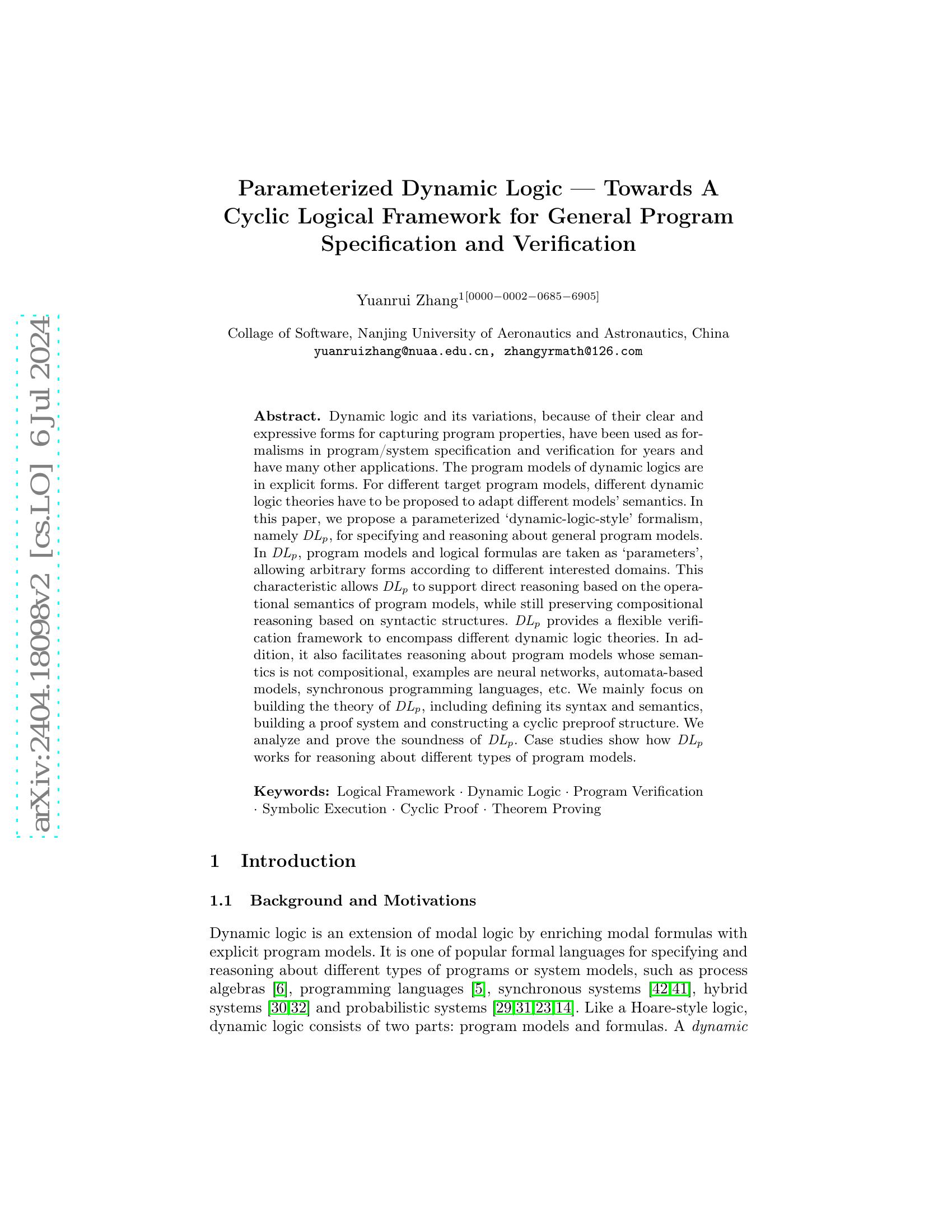 Parameterized Dynamic Logic -- Towards A Cyclic Logical Framework for General Program ...