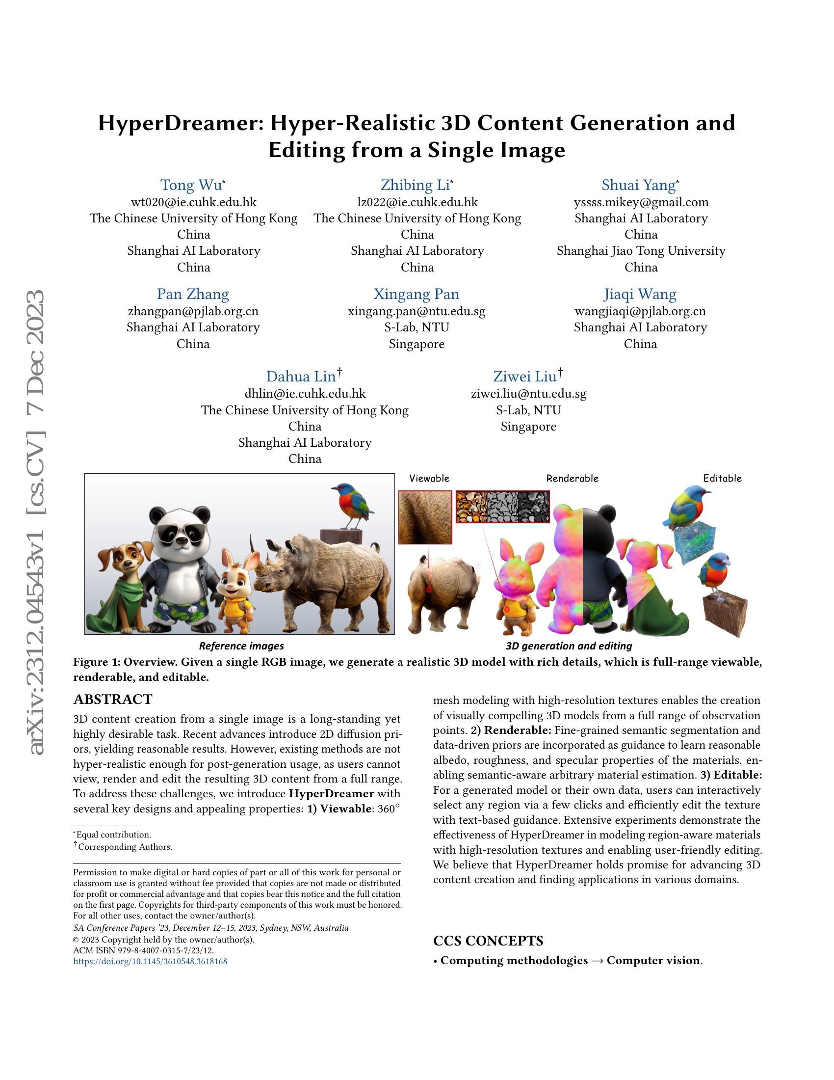 HyperDreamer: Hyper-Realistic 3D Content Generation and Editing from a Single Image - 智源社区论文