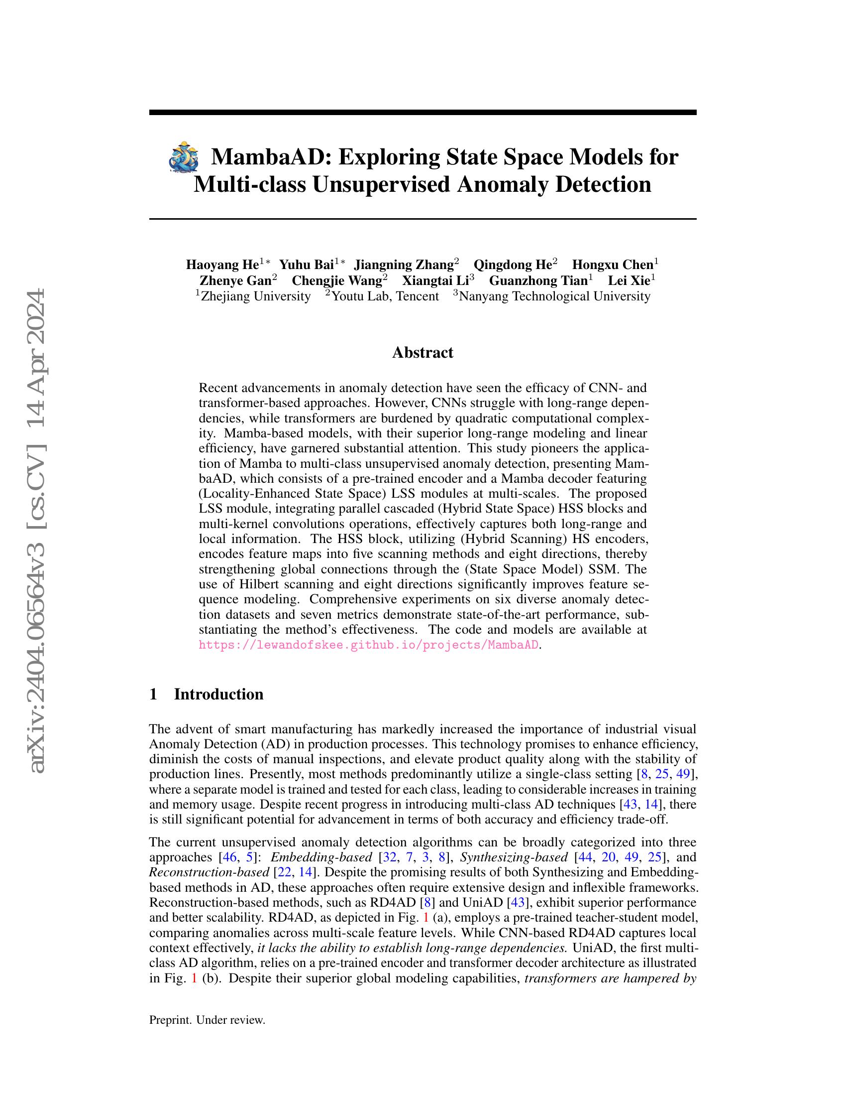 MambaAD: Exploring State Space Models for Multi-class Unsupervised Anomaly Detection - 智源社区论文