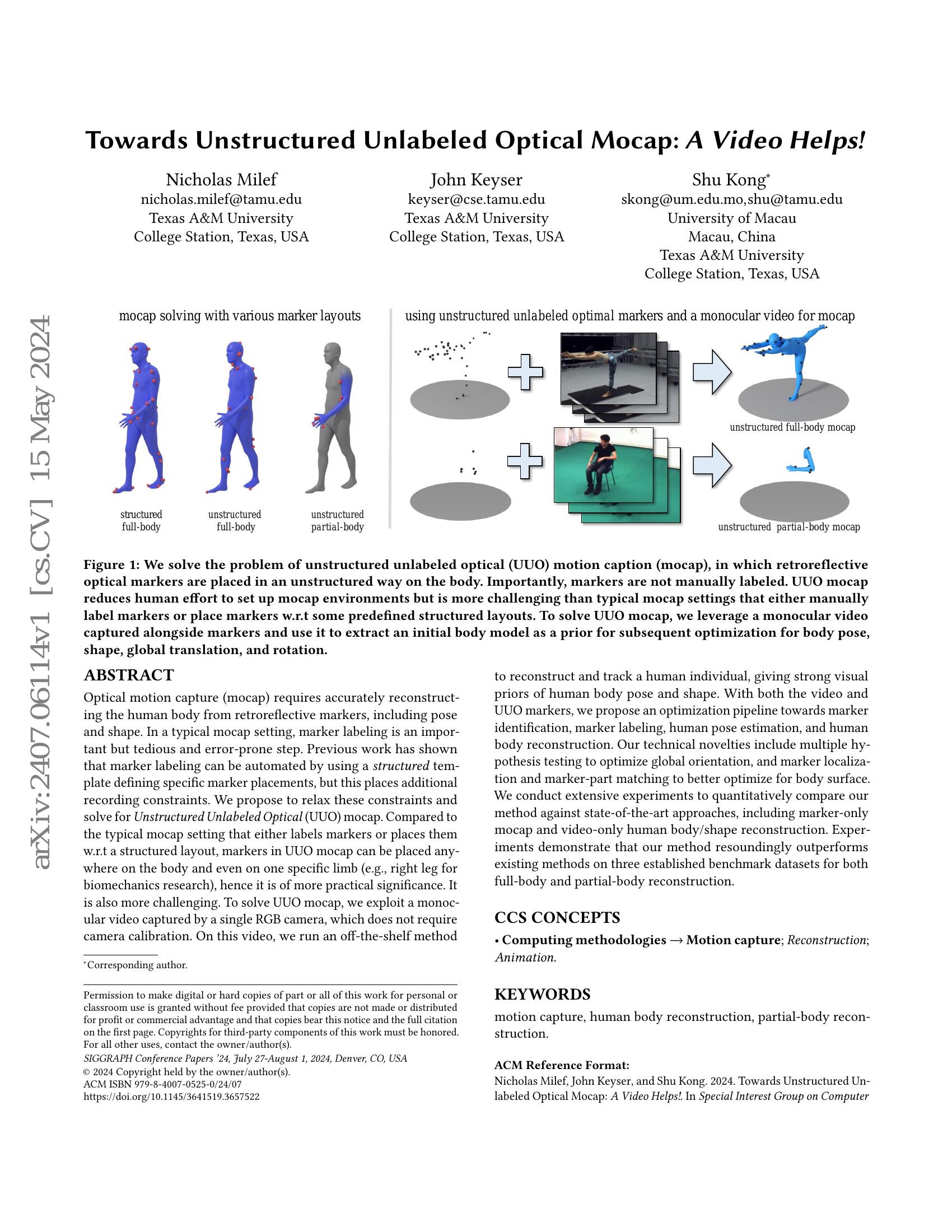 Towards Unstructured Unlabeled Optical Mocap: A Video Helps! - 智源社区论文
