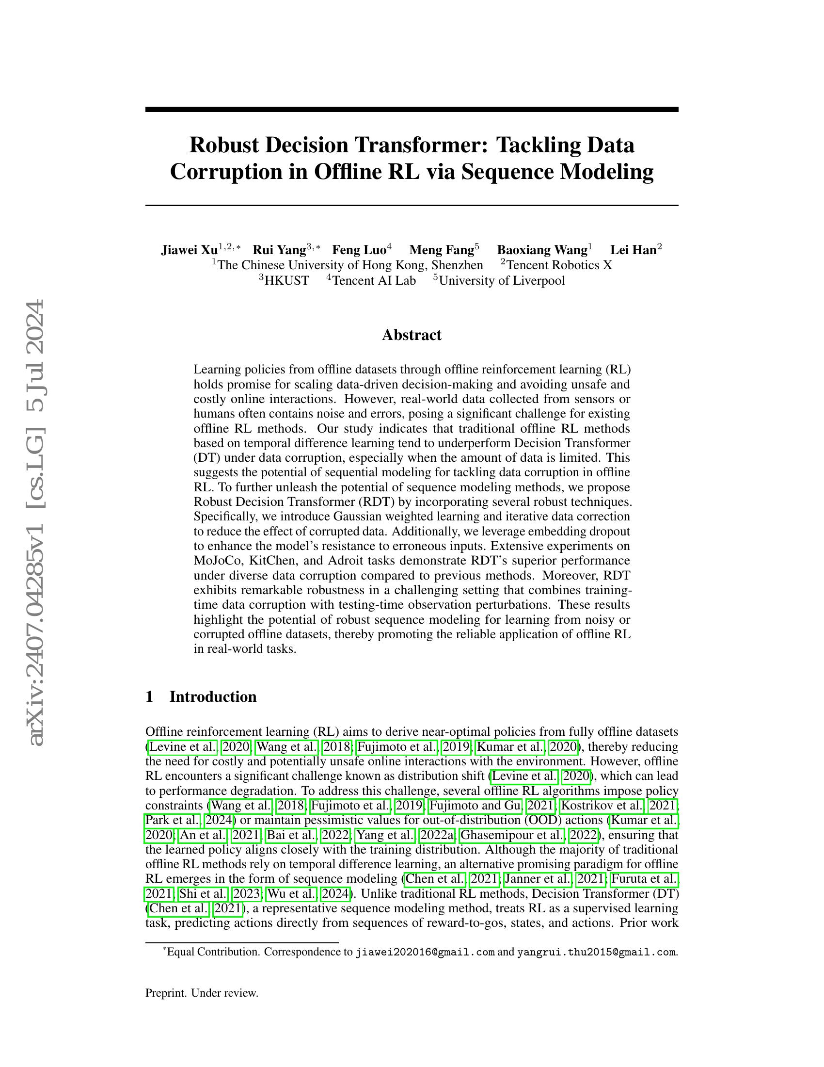 Robust Decision Transformer: Tackling Data Corruption in Offline RL via Sequence Modeling - 智源社区论文