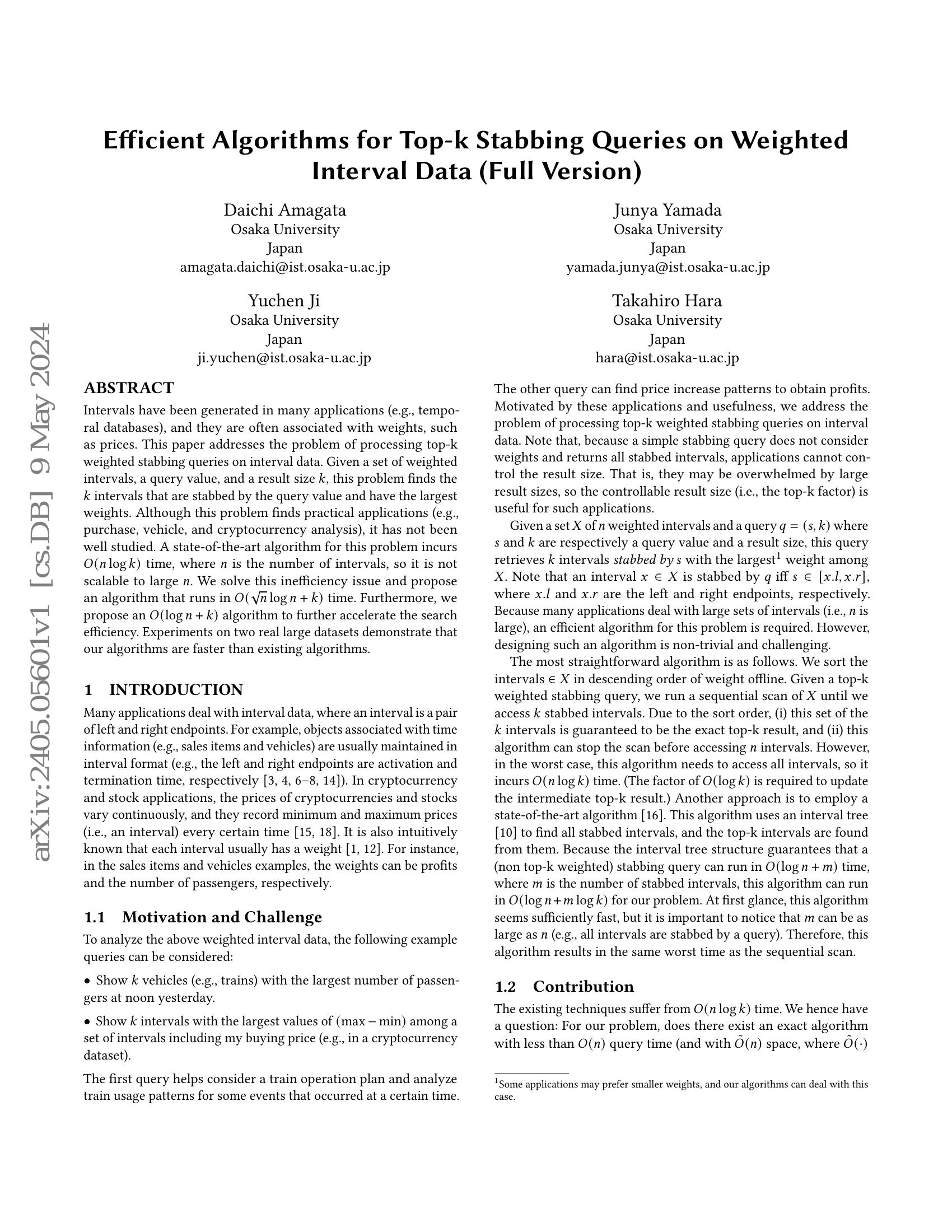Efficient Algorithms for Top-k Stabbing Queries on Weighted Interval Data (Full Version) - 智源社区论文