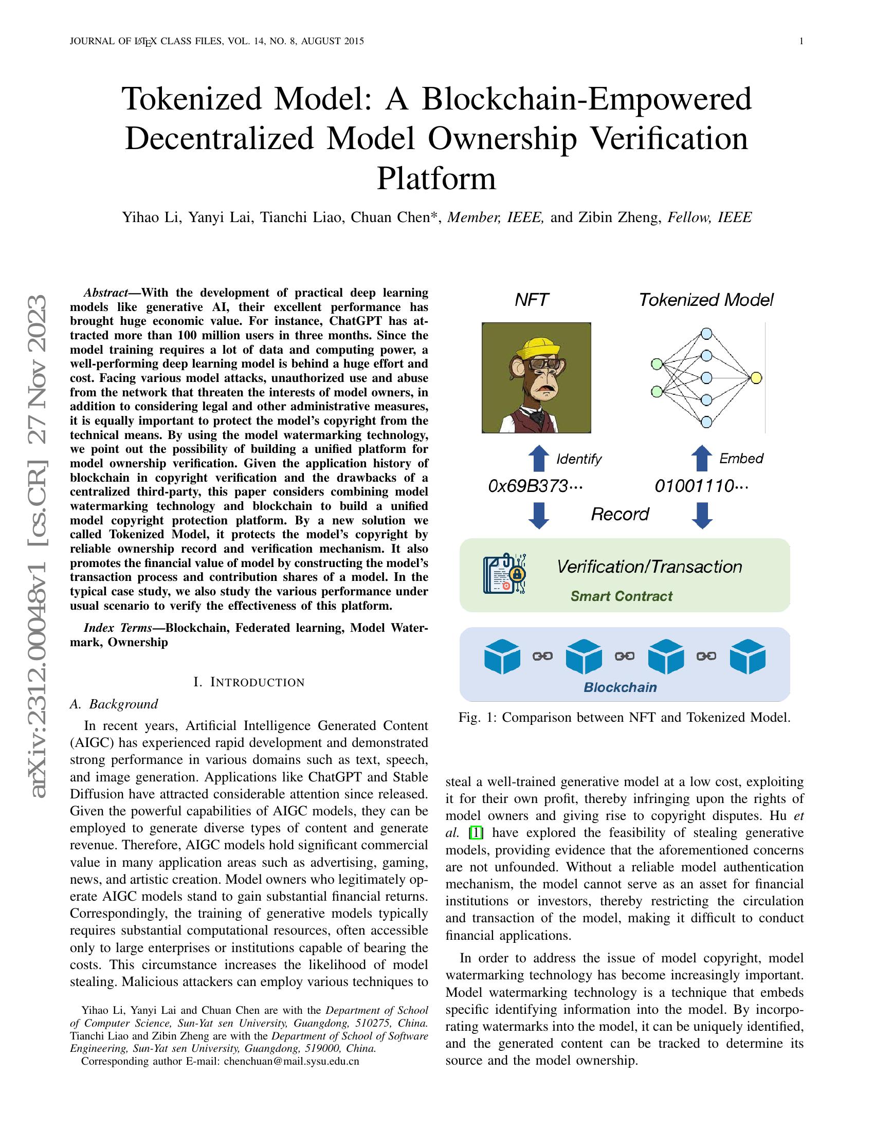 Tokenized Model A Blockchain Empowered Decentralized Model Ownership Verification Platform 智源社区论文