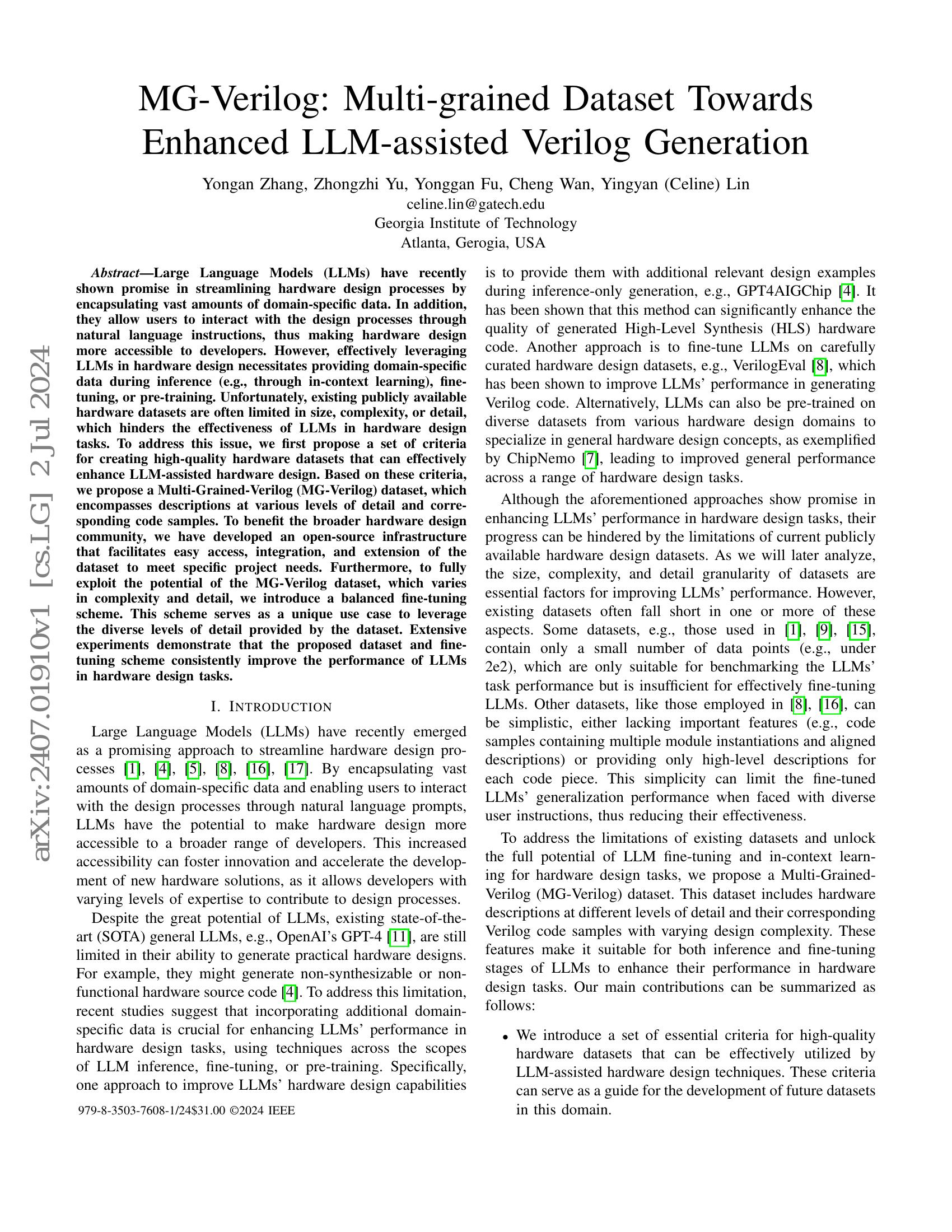 MG-Verilog: Multi-grained Dataset Towards Enhanced LLM-assisted Verilog Generation - 智源社区论文