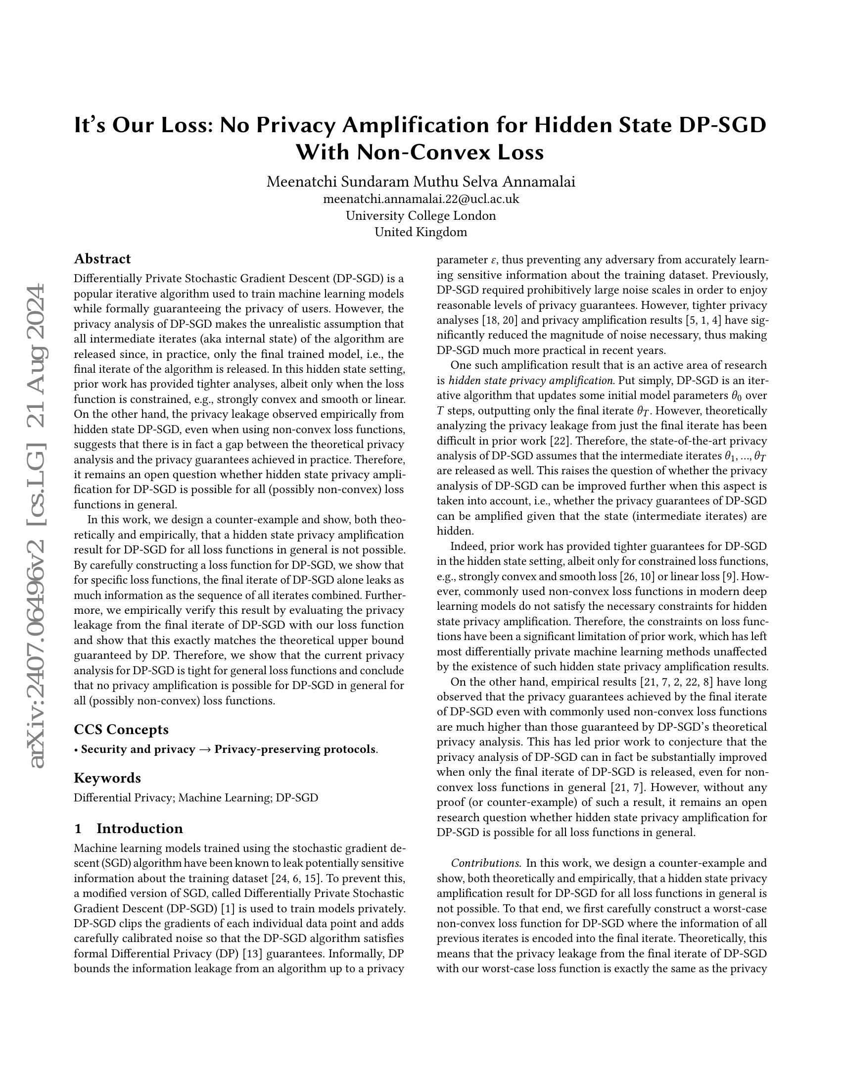 It's Our Loss: No Privacy Amplification for Hidden State DP-SGD With ...