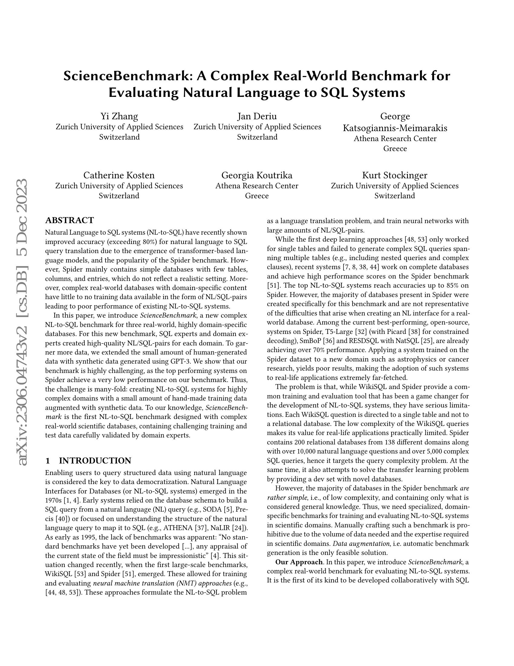ScienceBenchmark: A Complex Real-World Benchmark for Evaluating Natural Language to SQL Systems ...