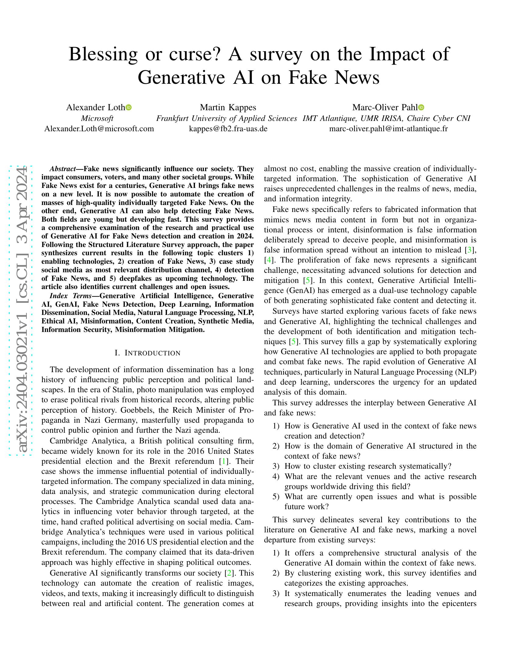 Blessing or curse? A survey on the Impact of Generative AI on Fake News ...