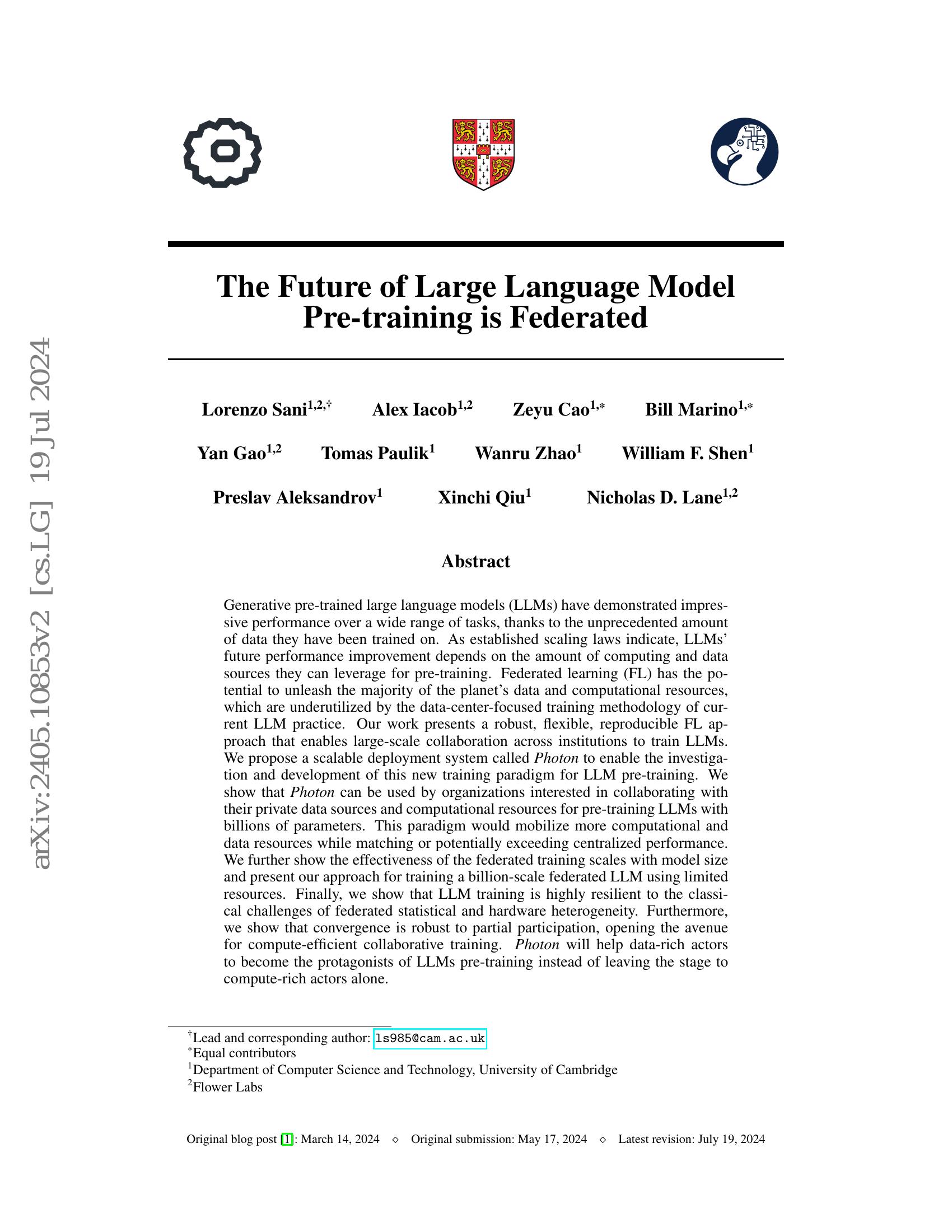 The Future of Large Language Model Pre-training is Federated - 智源社区论文