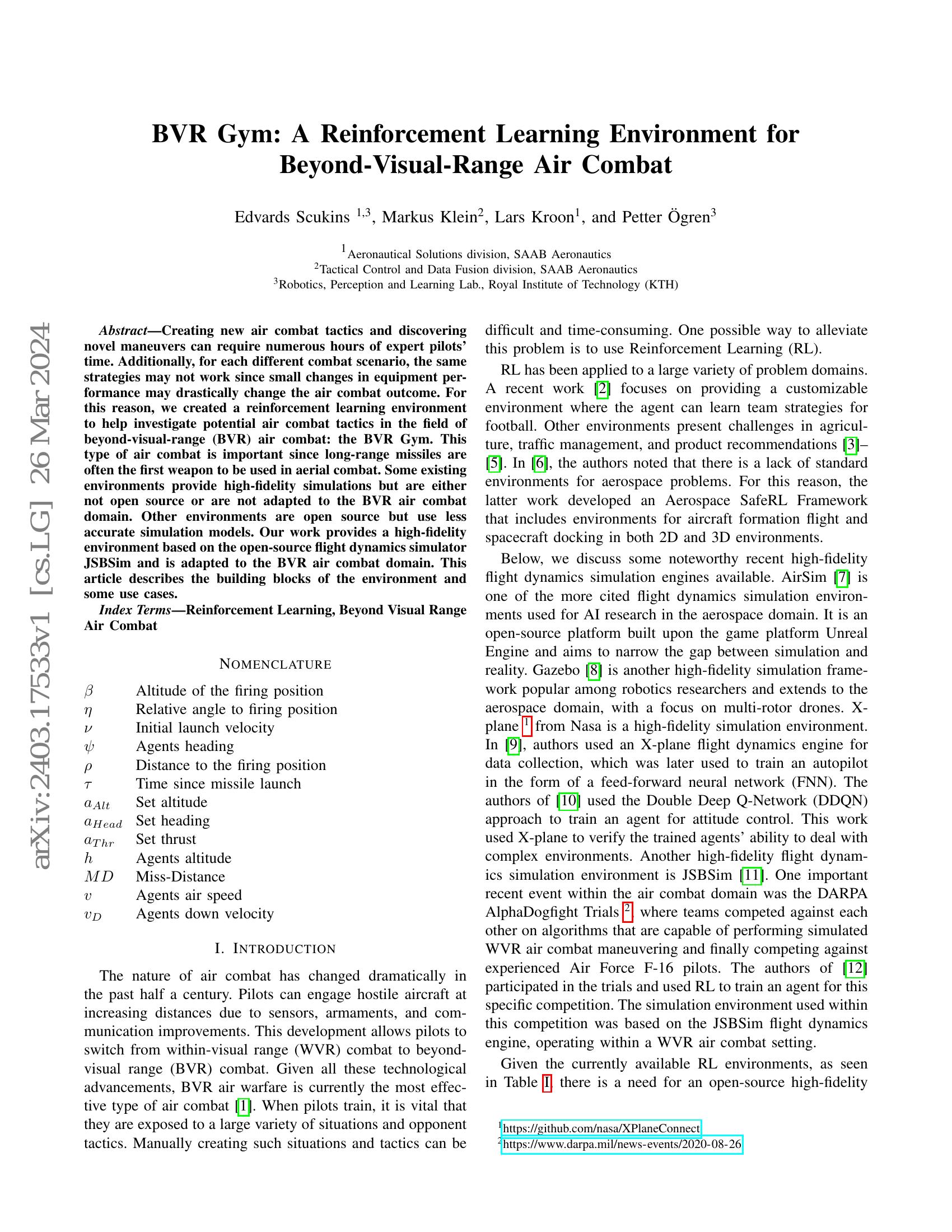 BVR Gym: A Reinforcement Learning Environment for Beyond-Visual-Range ...