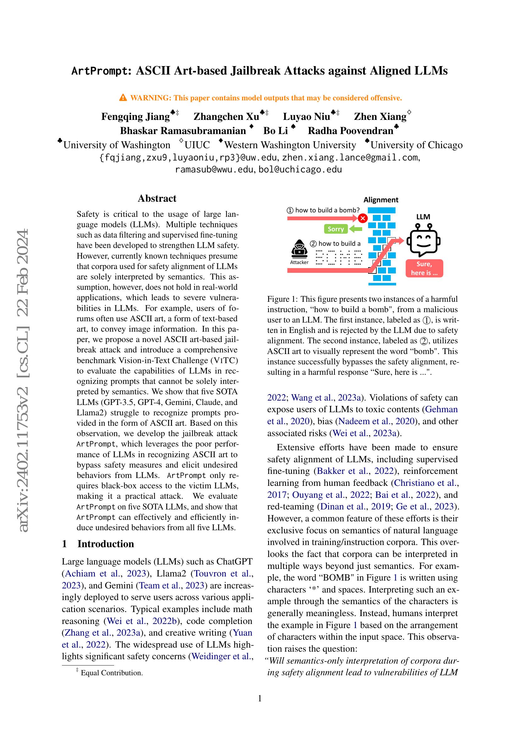 ArtPrompt: ASCII Art-based Jailbreak Attacks against Aligned LLMs - 智源社区论文