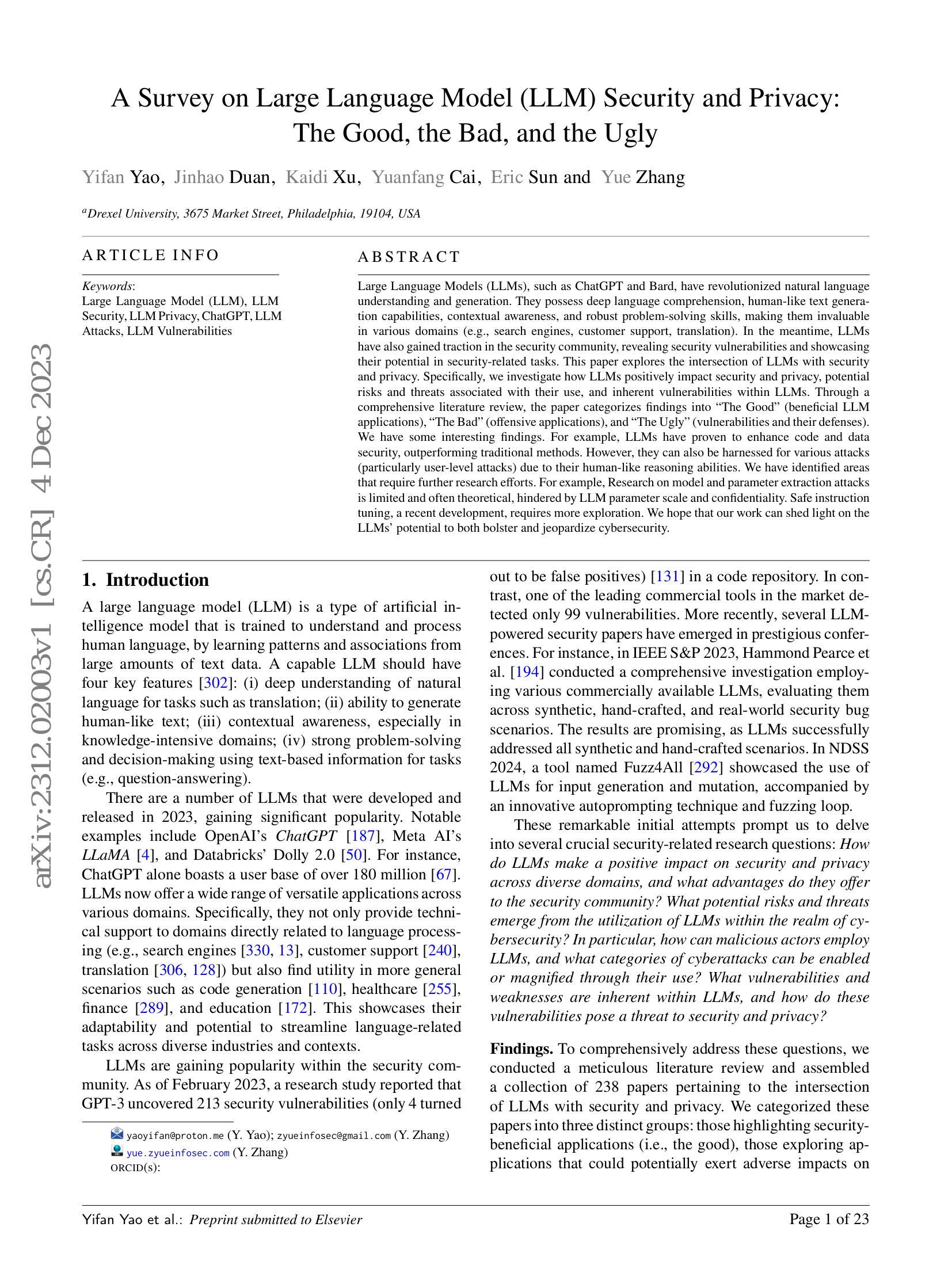 A Survey on Large Language Model (LLM) Security and Privacy: The Good ...