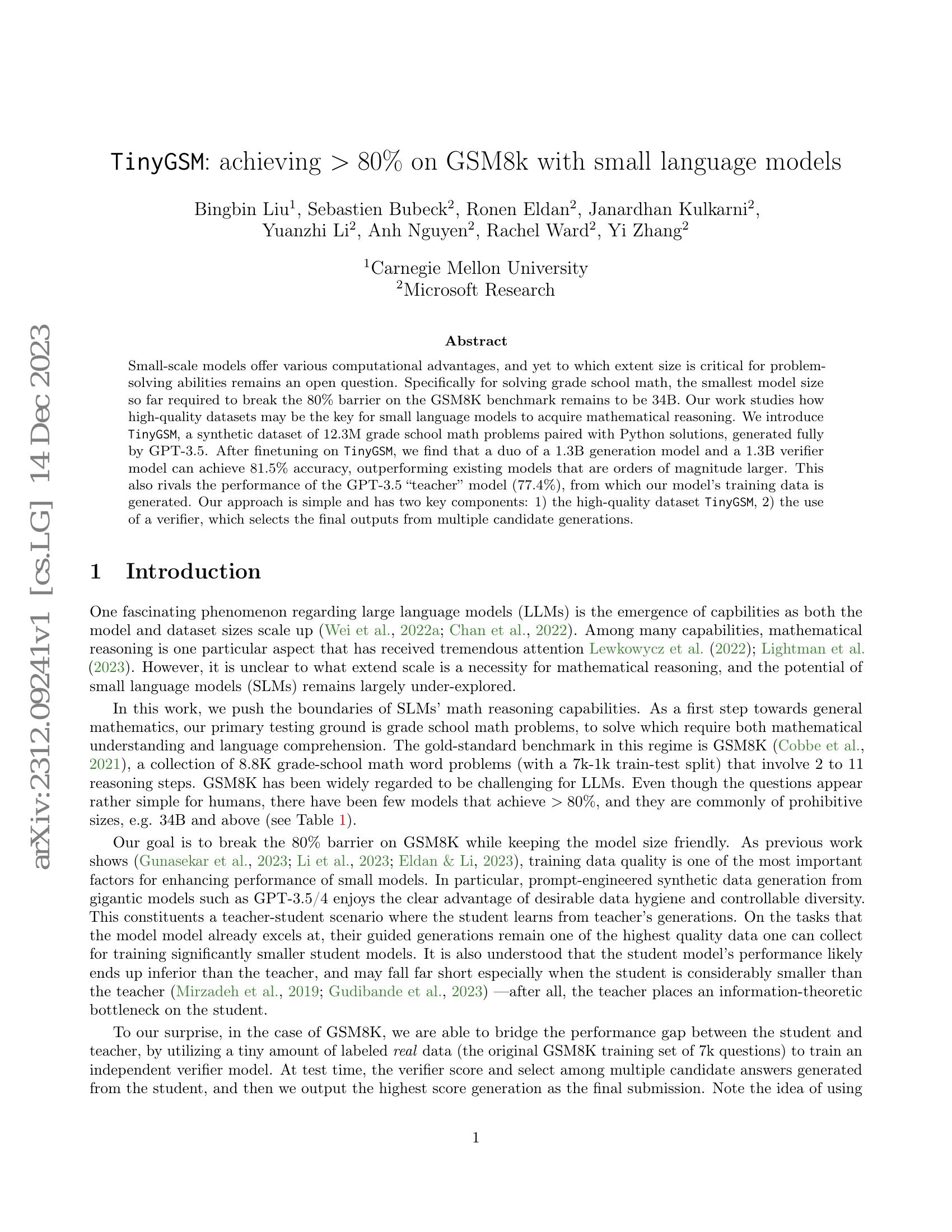 TinyGSM: achieving >80% on GSM8k with small language models - 智源社区论文