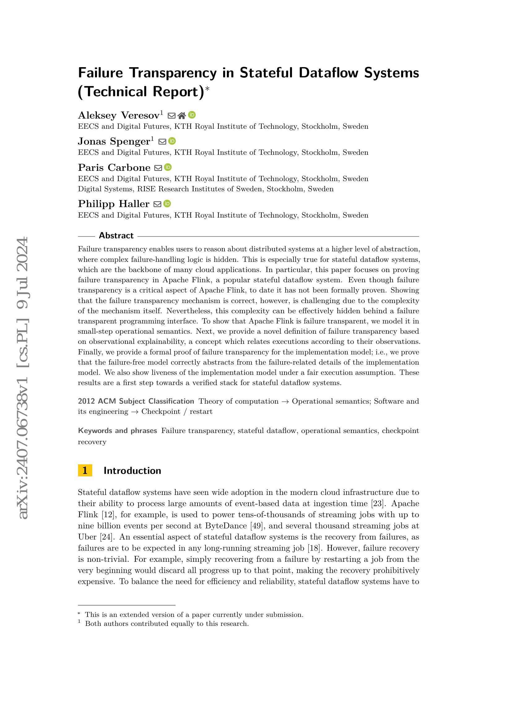 Failure Transparency in Stateful Dataflow Systems (Technical Report) - 智源社区论文