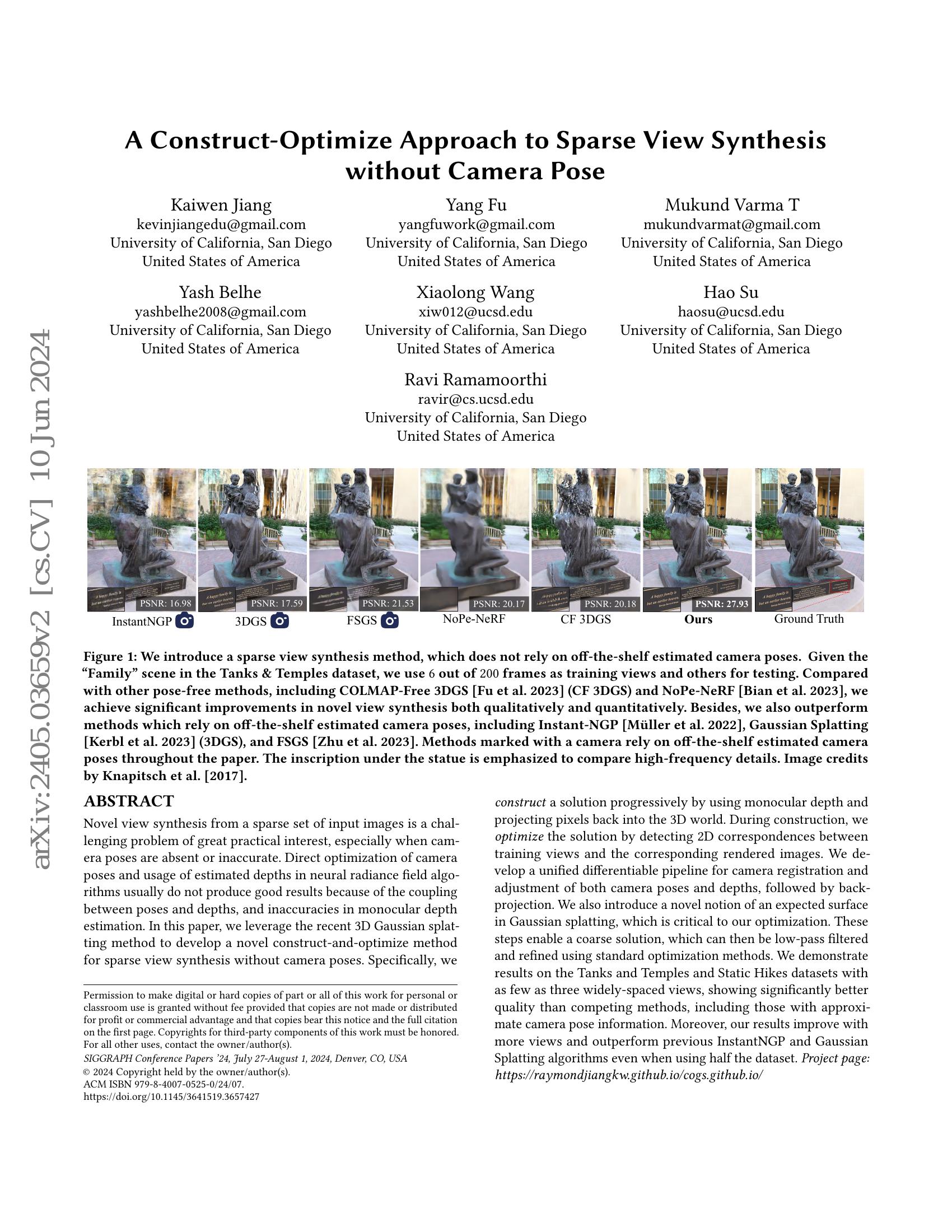 A Construct-Optimize Approach to Sparse View Synthesis without Camera Pose - 智源社区论文
