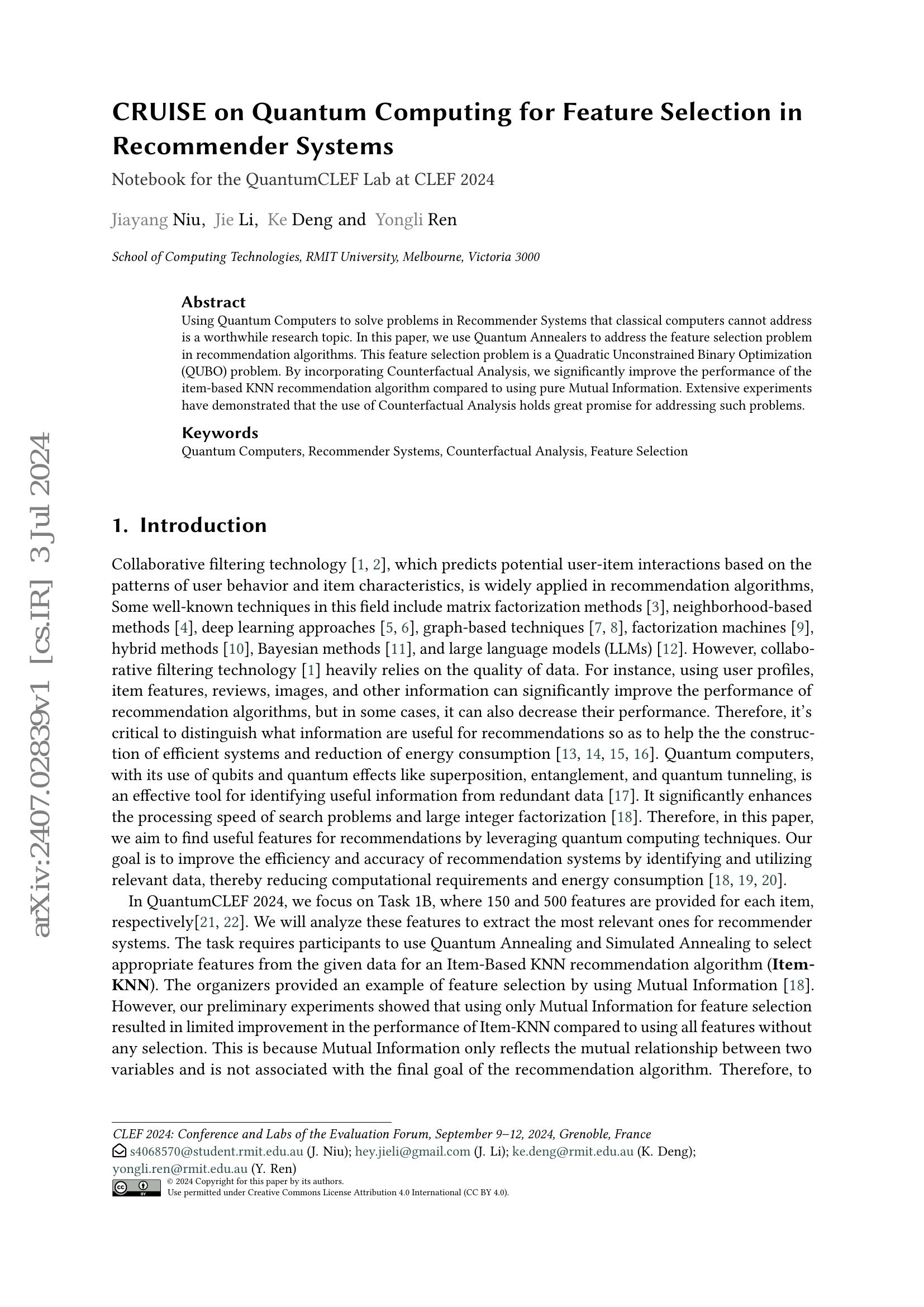 CRUISE on Quantum Computing for Feature Selection in Recommender Systems - 智源社区论文
