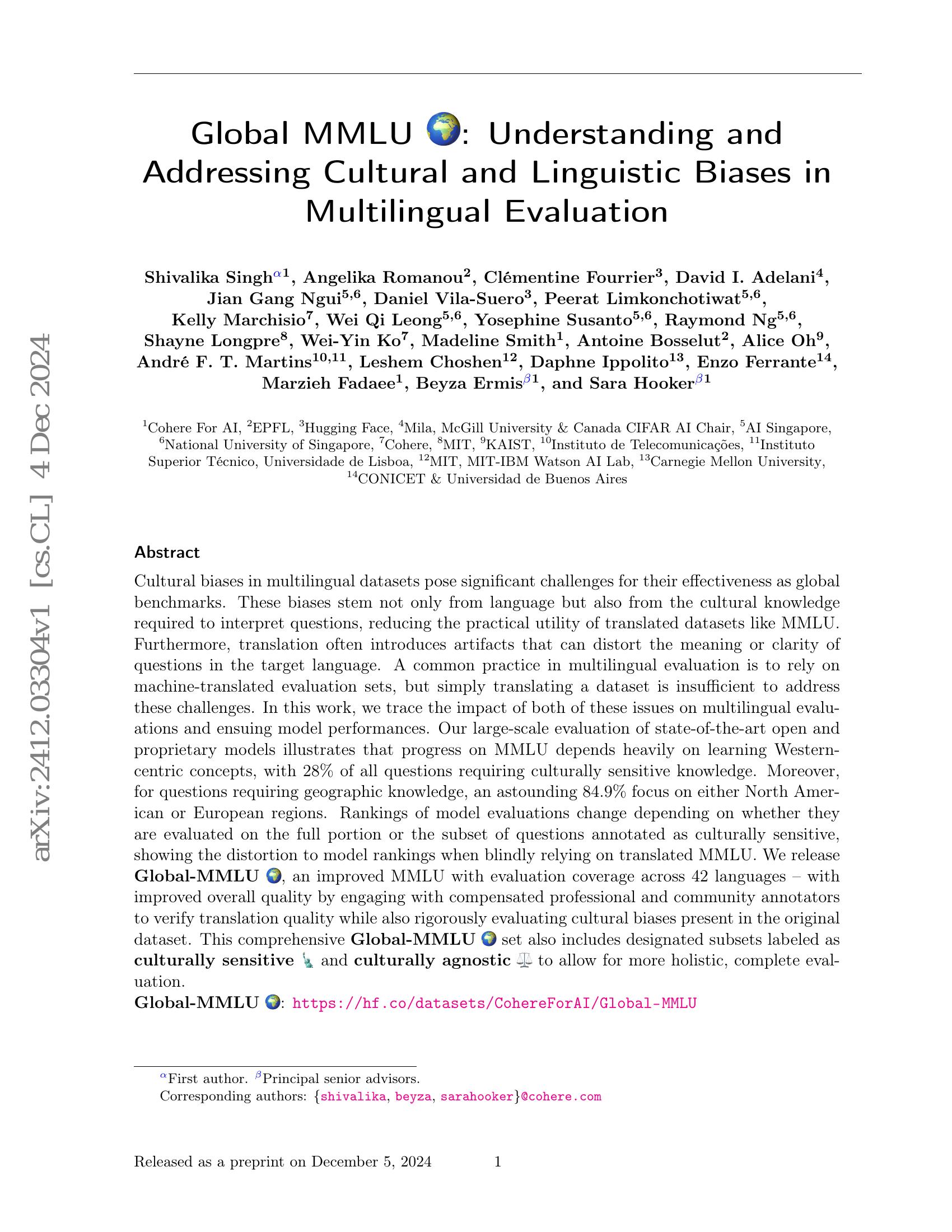 Global MMLU: Understanding and Addressing Cultural and Linguistic Biases in Multilingual ...