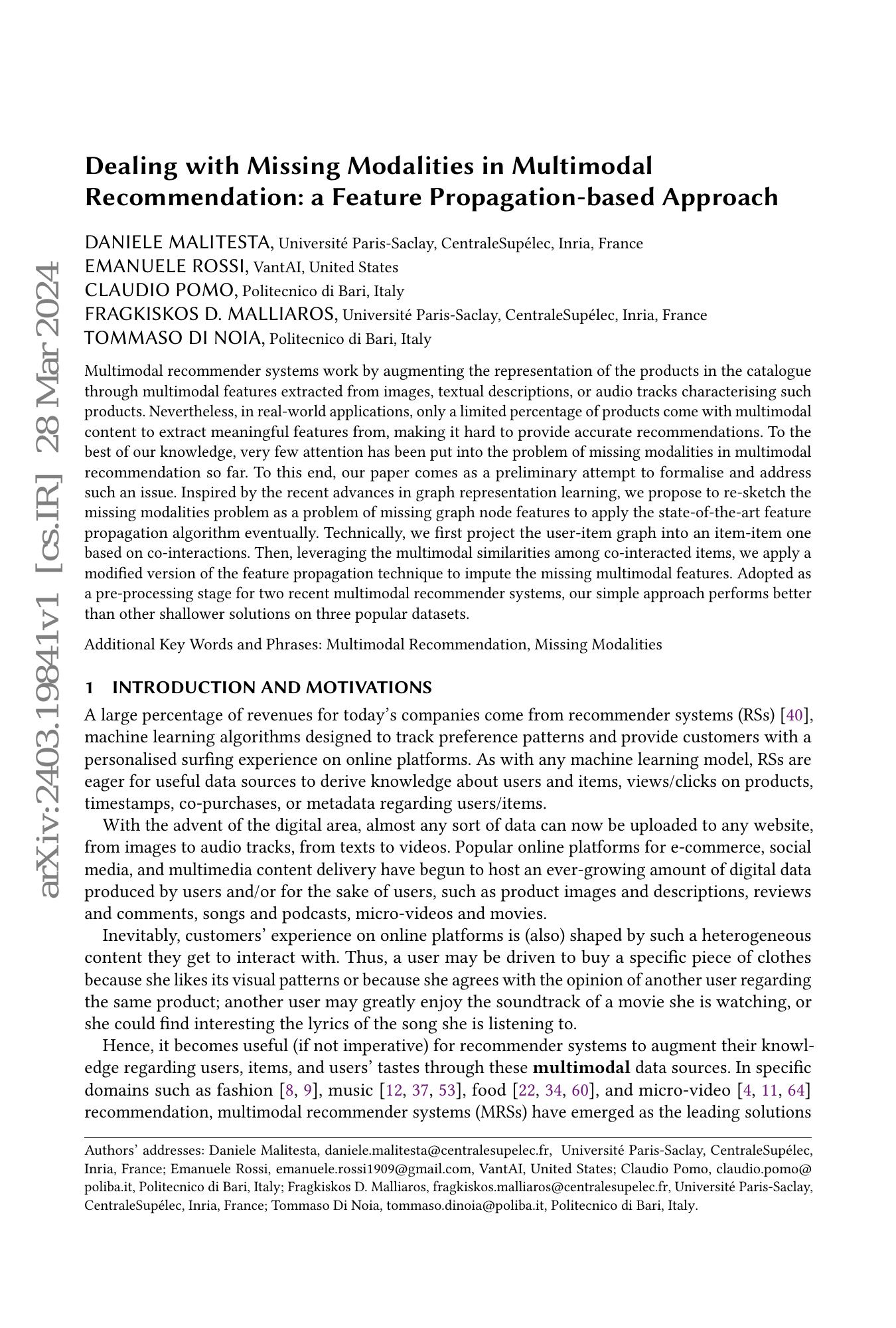 Dealing with Missing Modalities in Multimodal Recommendation: a Feature ...
