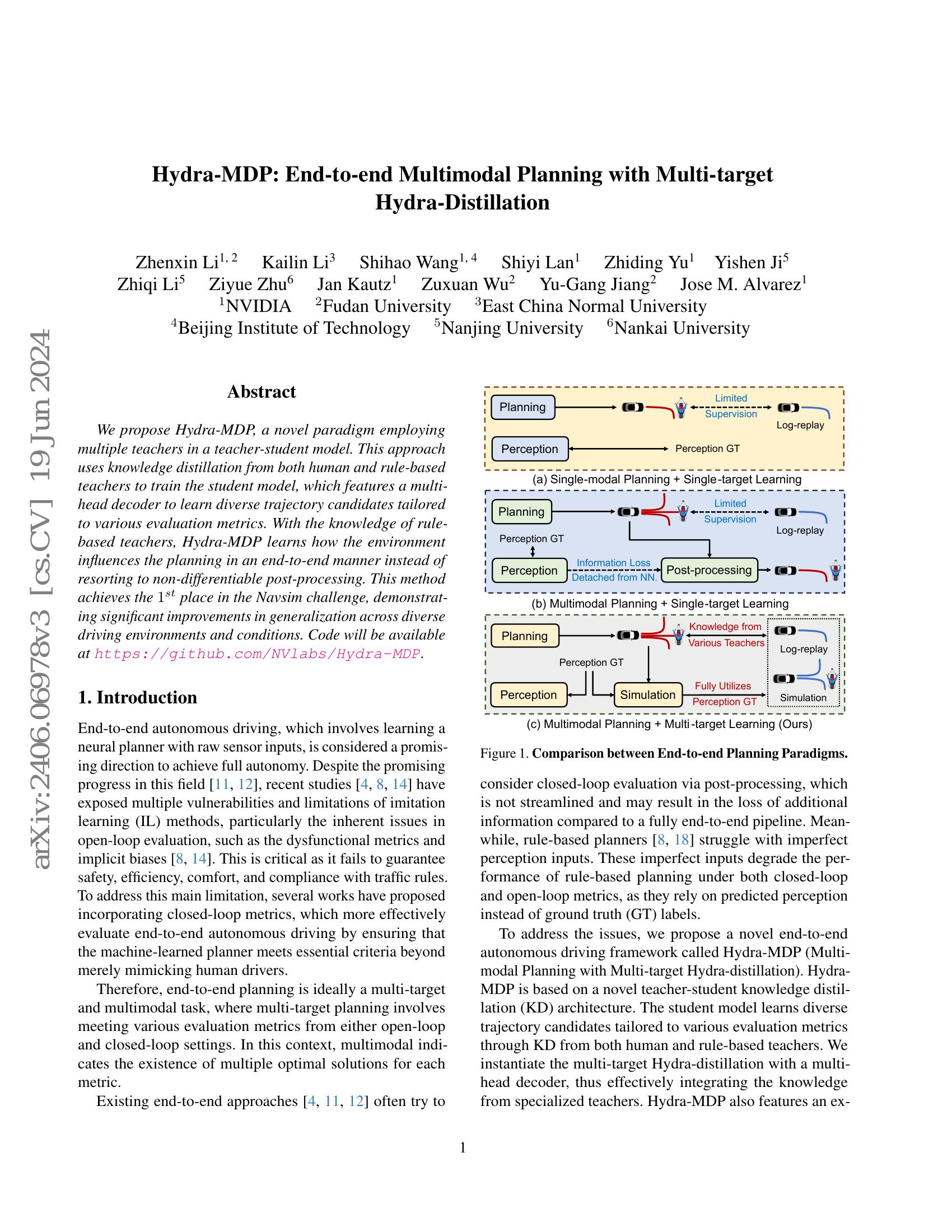 Hydra-MDP: End-to-end Multimodal Planning with Multi-target Hydra-Distillation - 智源社区论文