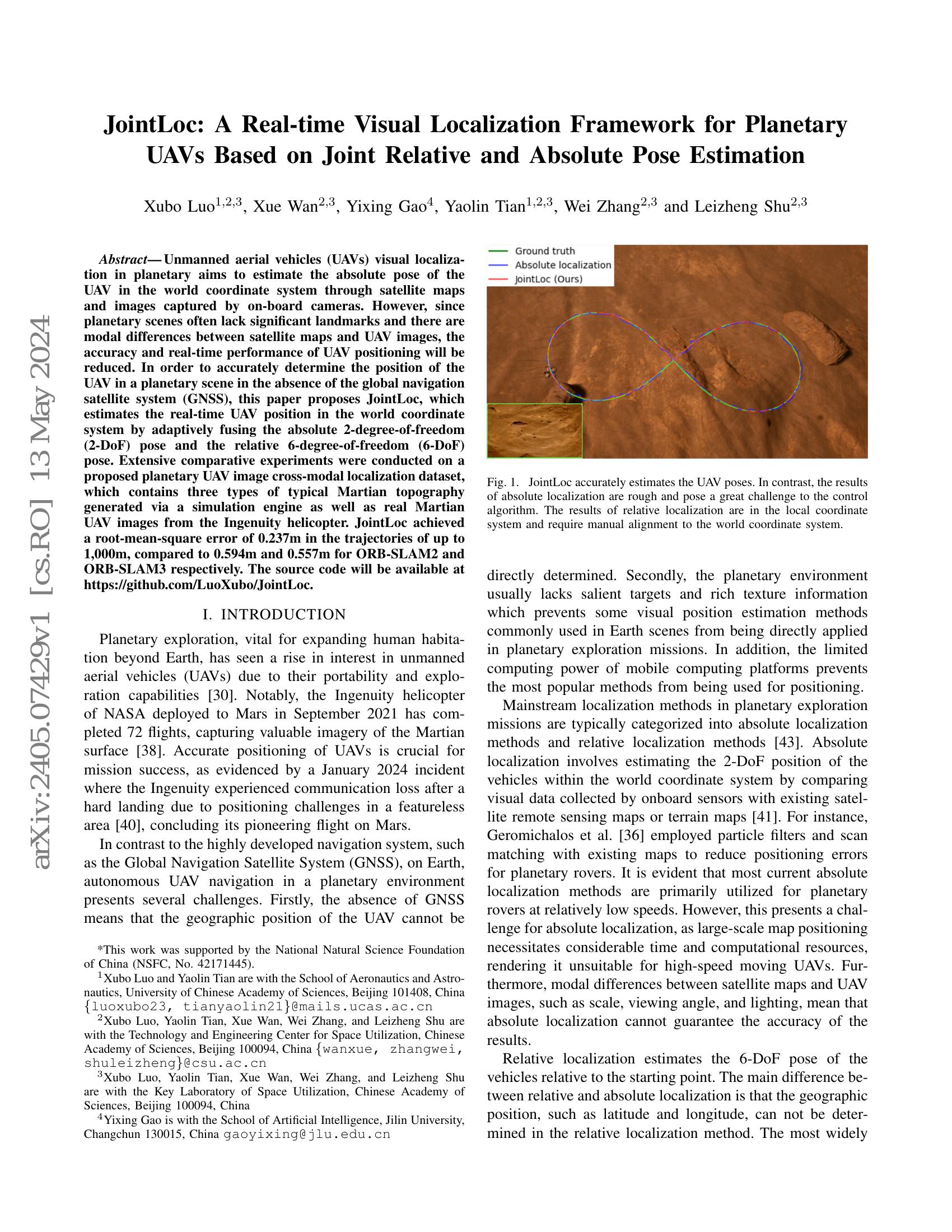 JointLoc: A Real-time Visual Localization Framework for Planetary UAVs ...