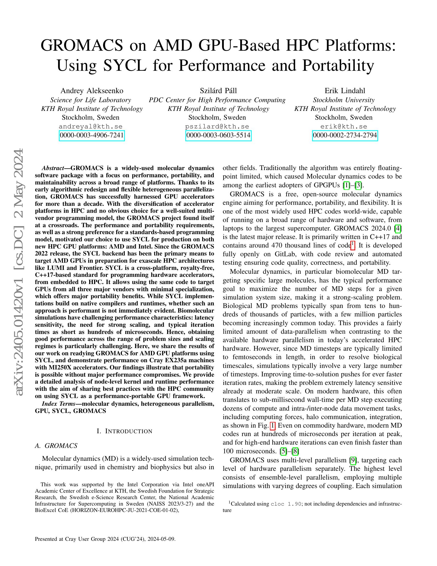 GROMACS on AMD GPU-Based HPC Platforms: Using SYCL for Performance and Portability - 智源社区论文
