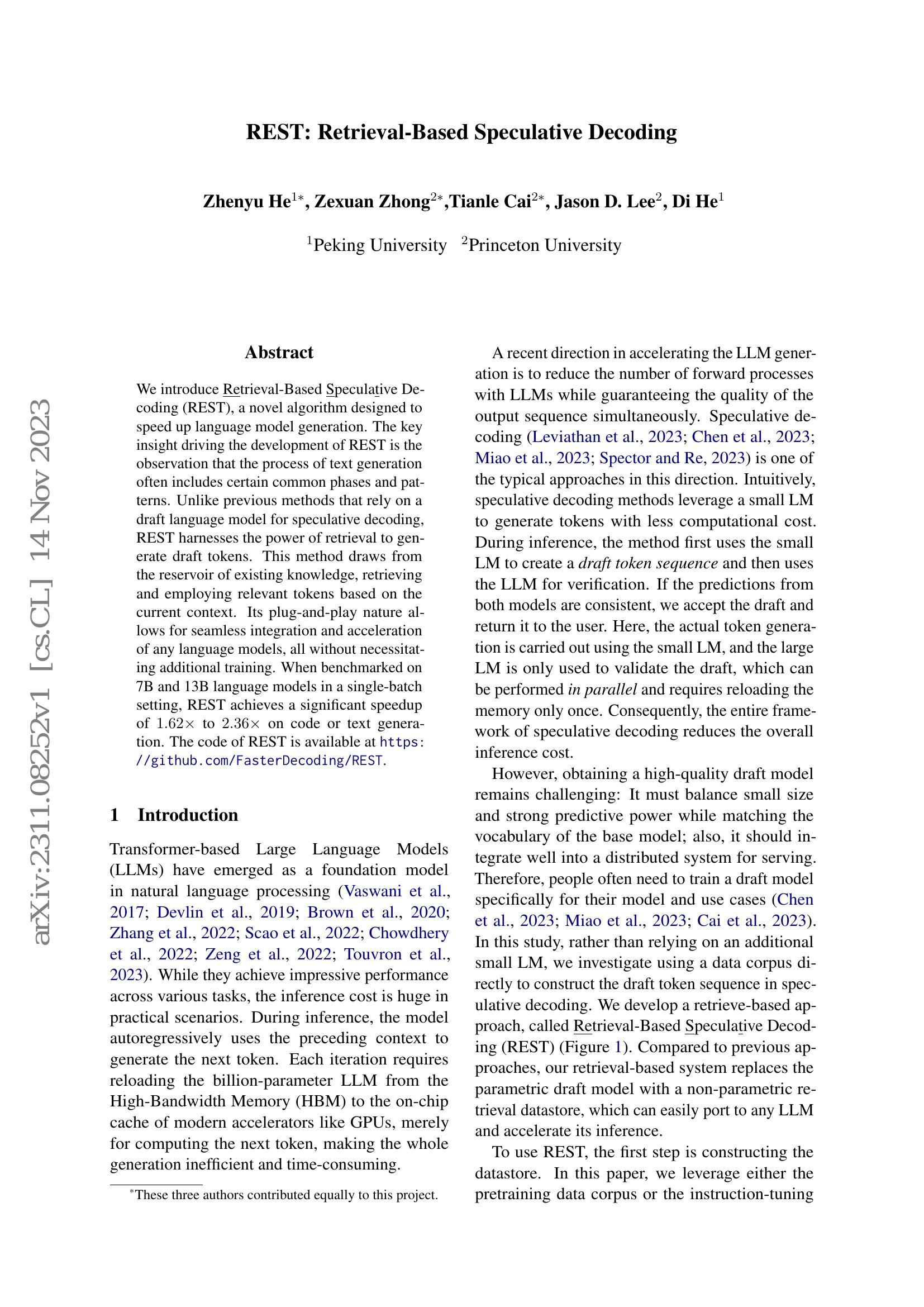 REST: Retrieval-Based Speculative Decoding - 智源社区论文