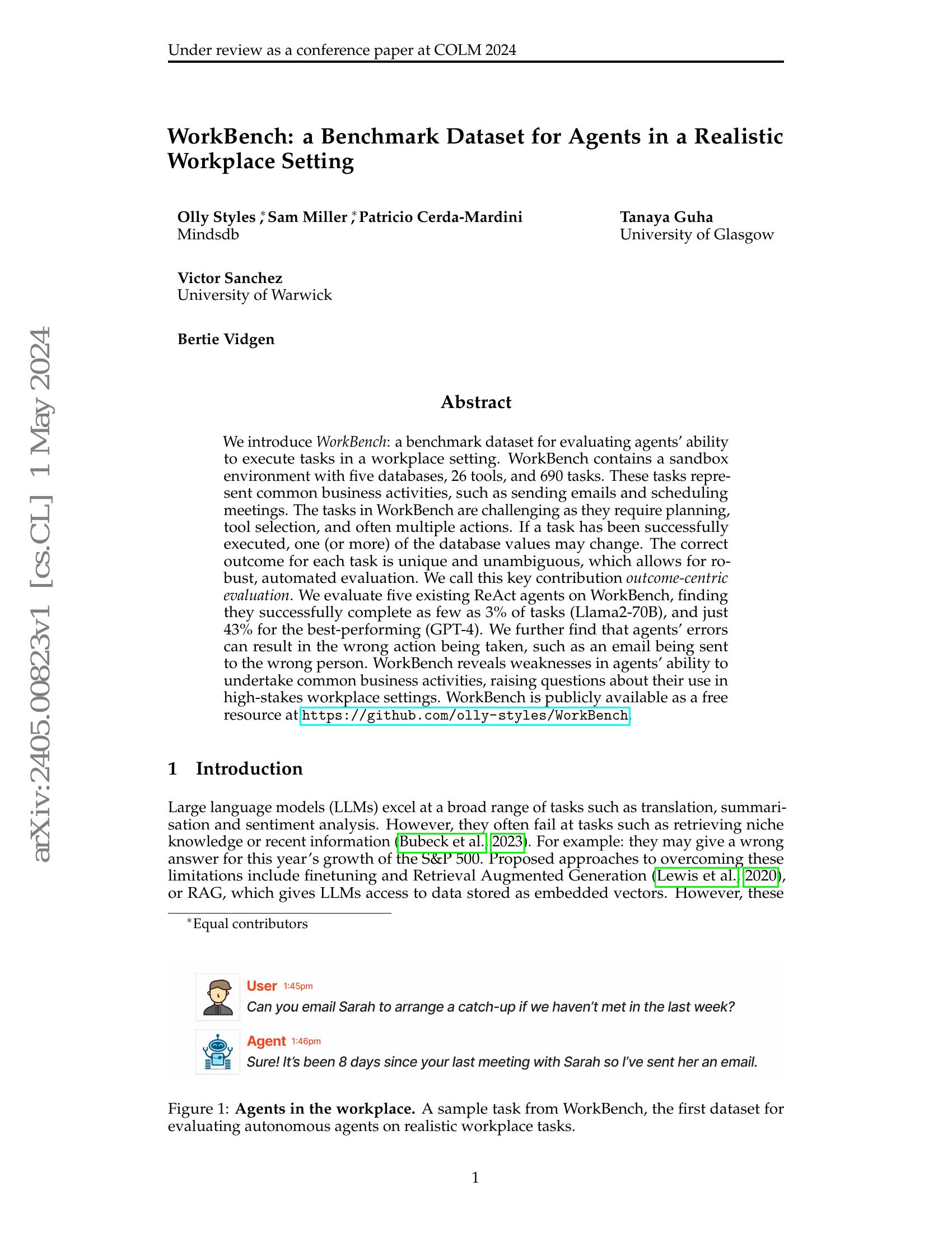 WorkBench: a Benchmark Dataset for Agents in a Realistic Workplace ...