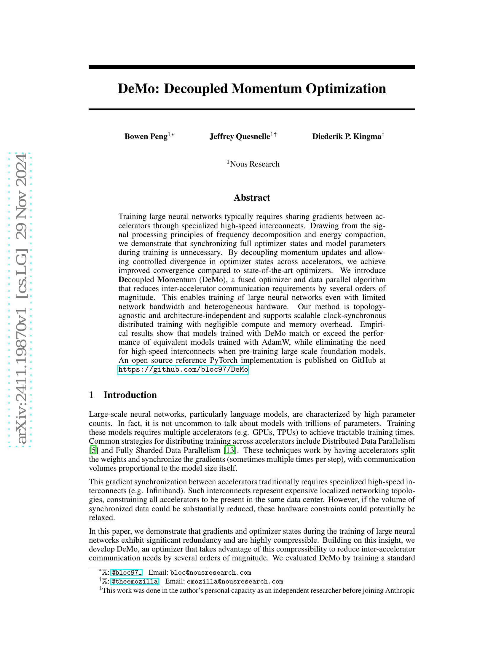 DeMo: Decoupled Momentum Optimization - 智源社区论文