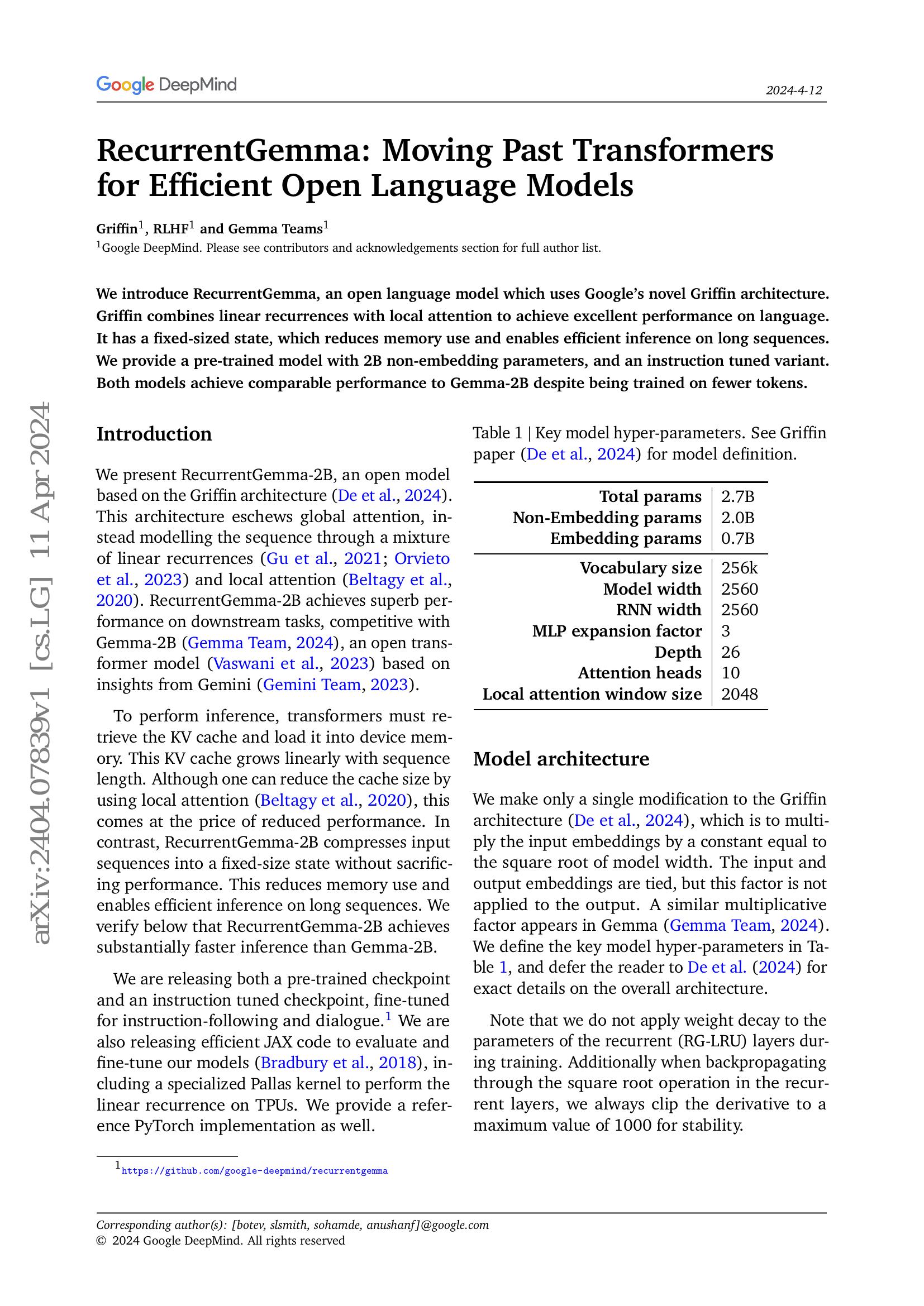 RecurrentGemma: Moving Past Transformers for Efficient Open Language Models - 智源社区论文
