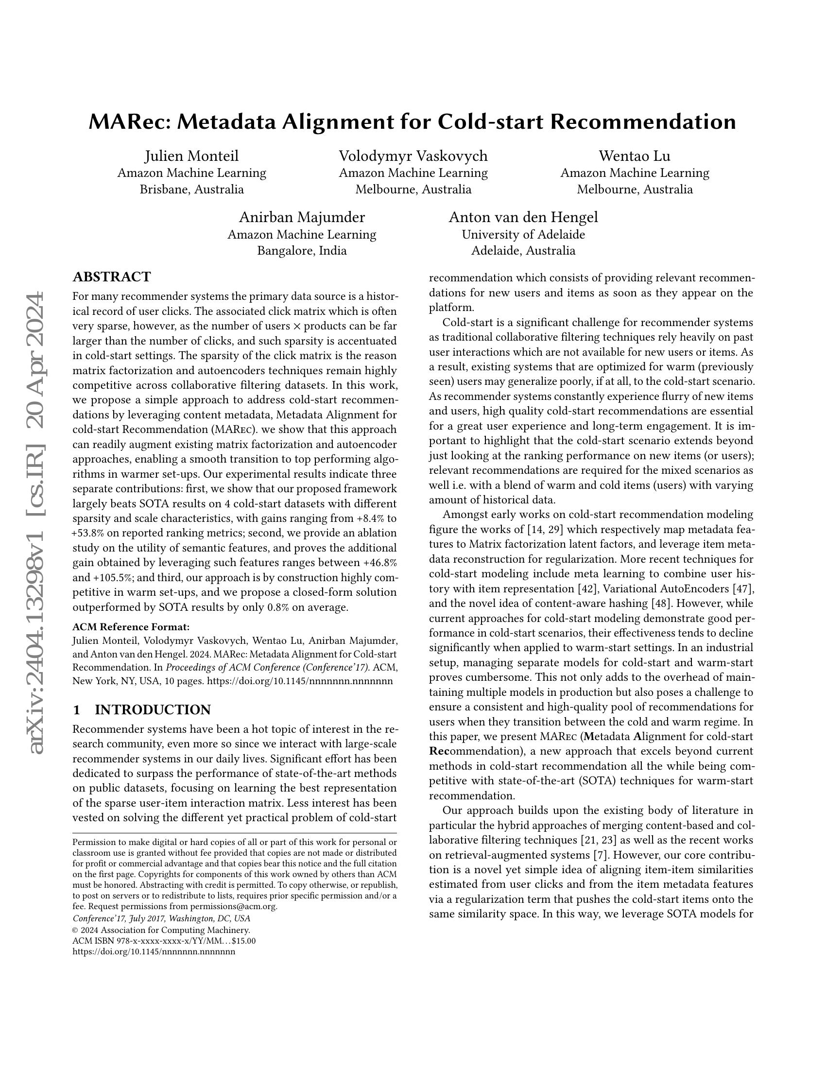 MARec: Metadata Alignment for cold-start Recommendation - 智源社区论文