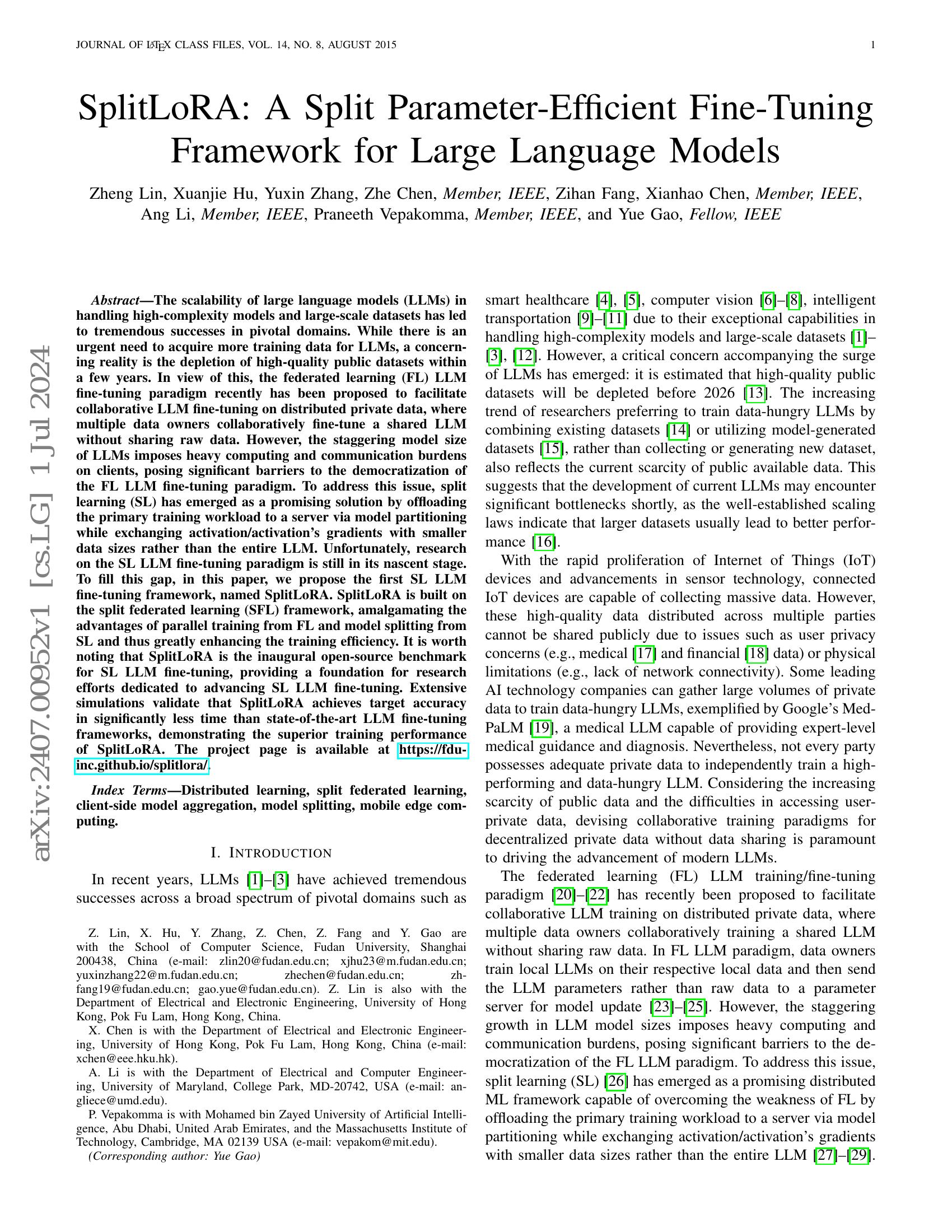 SplitLoRA: A Split Parameter-Efficient Fine-Tuning Framework for Large Language Models - 智源社区论文
