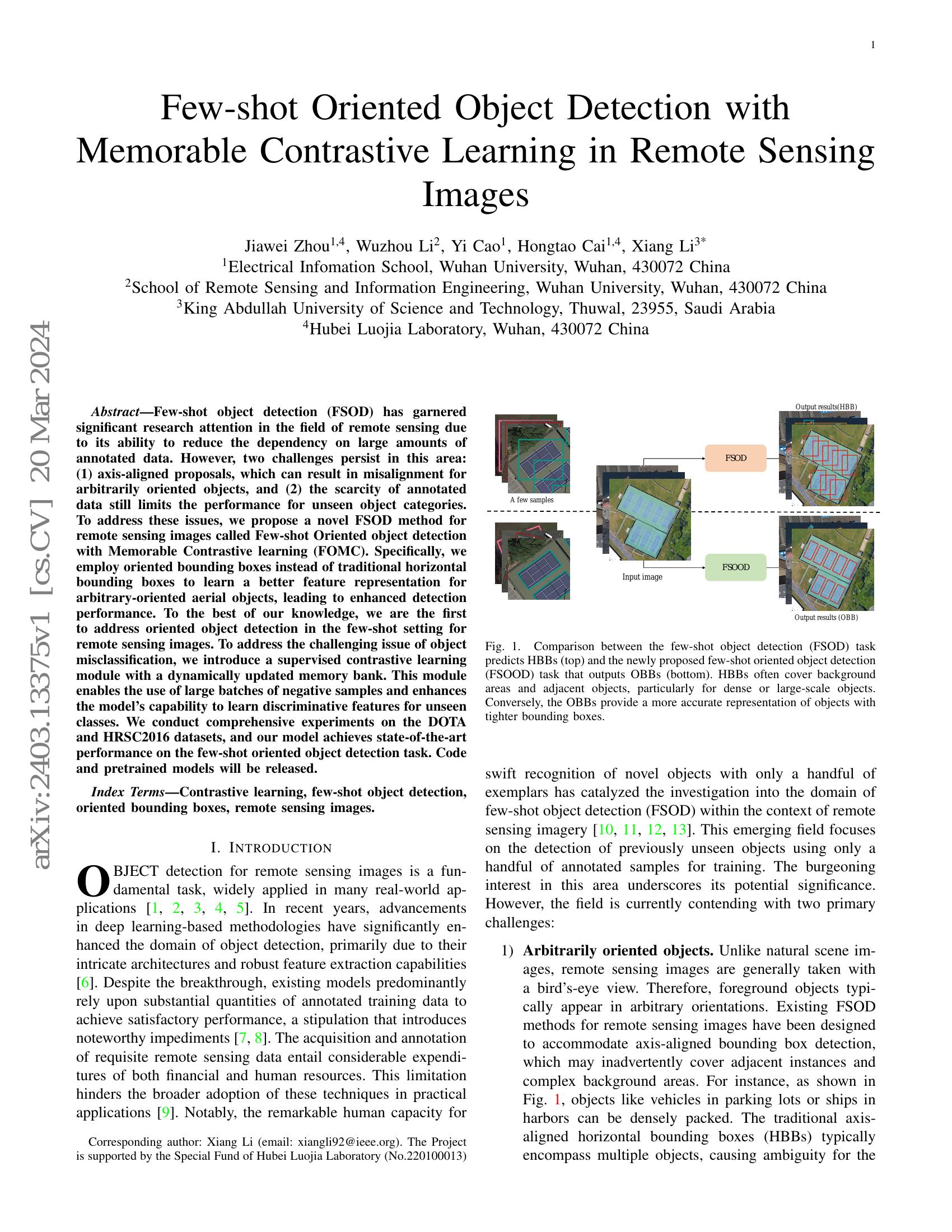 Few-shot Oriented Object Detection with Memorable Contrastive Learning in Remote Sensing Images ...
