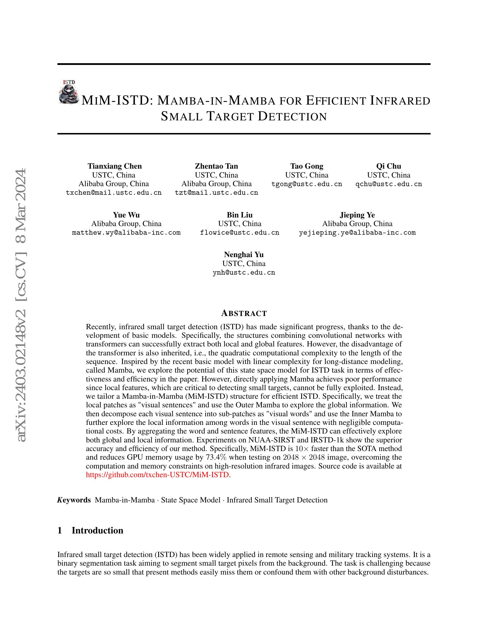 MiM-ISTD: Mamba-in-Mamba for Efficient Infrared Small Target Detection - 智源社区论文