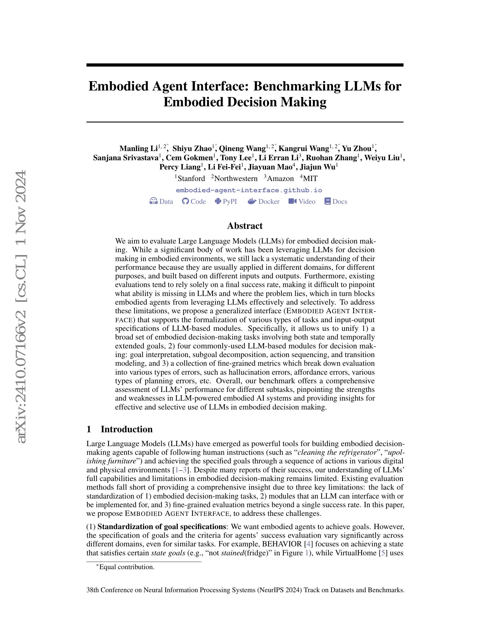 Embodied Agent Interface: Benchmarking LLMs for Embodied Decision Making - 智源社区论文