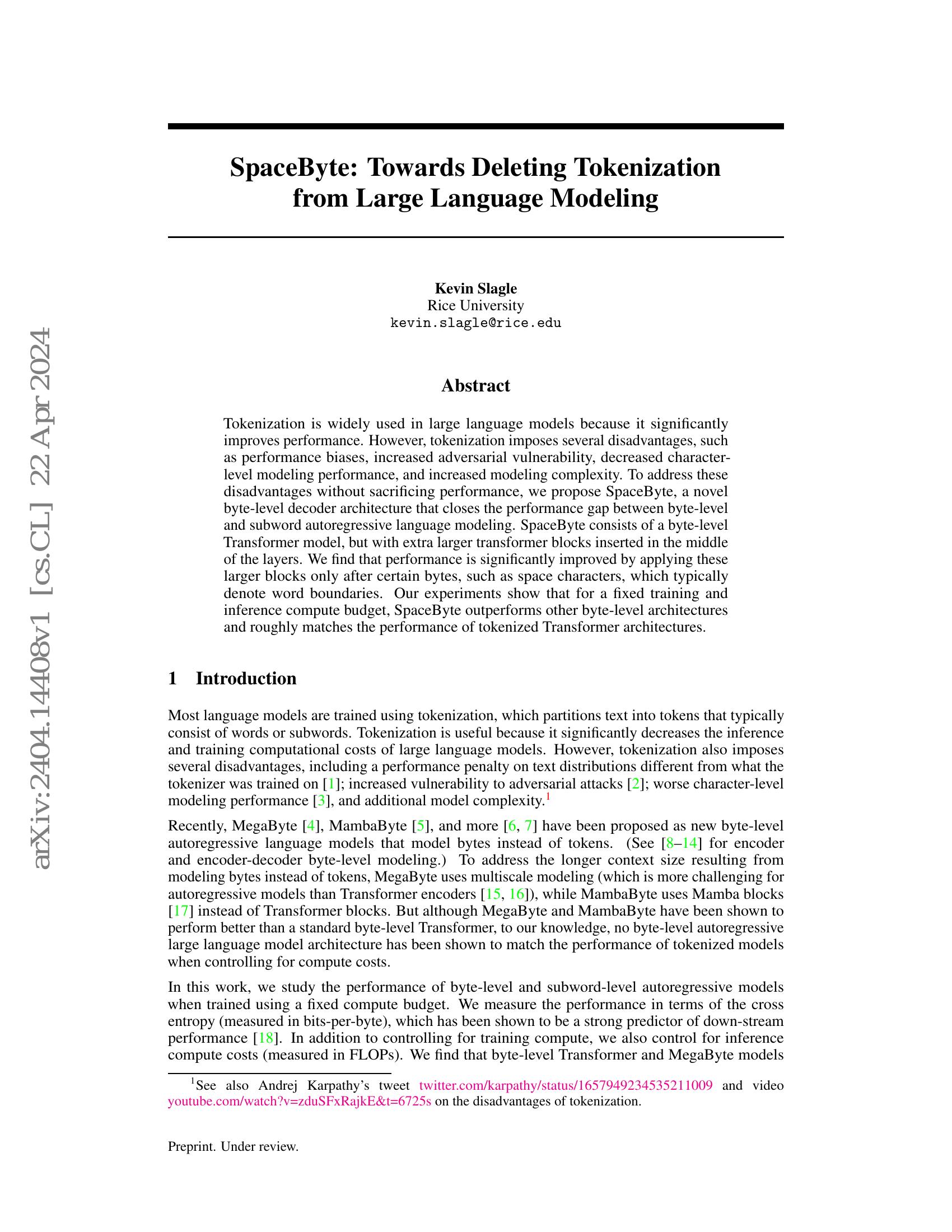 SpaceByte: Towards Deleting Tokenization from Large Language Modeling - 智源社区论文