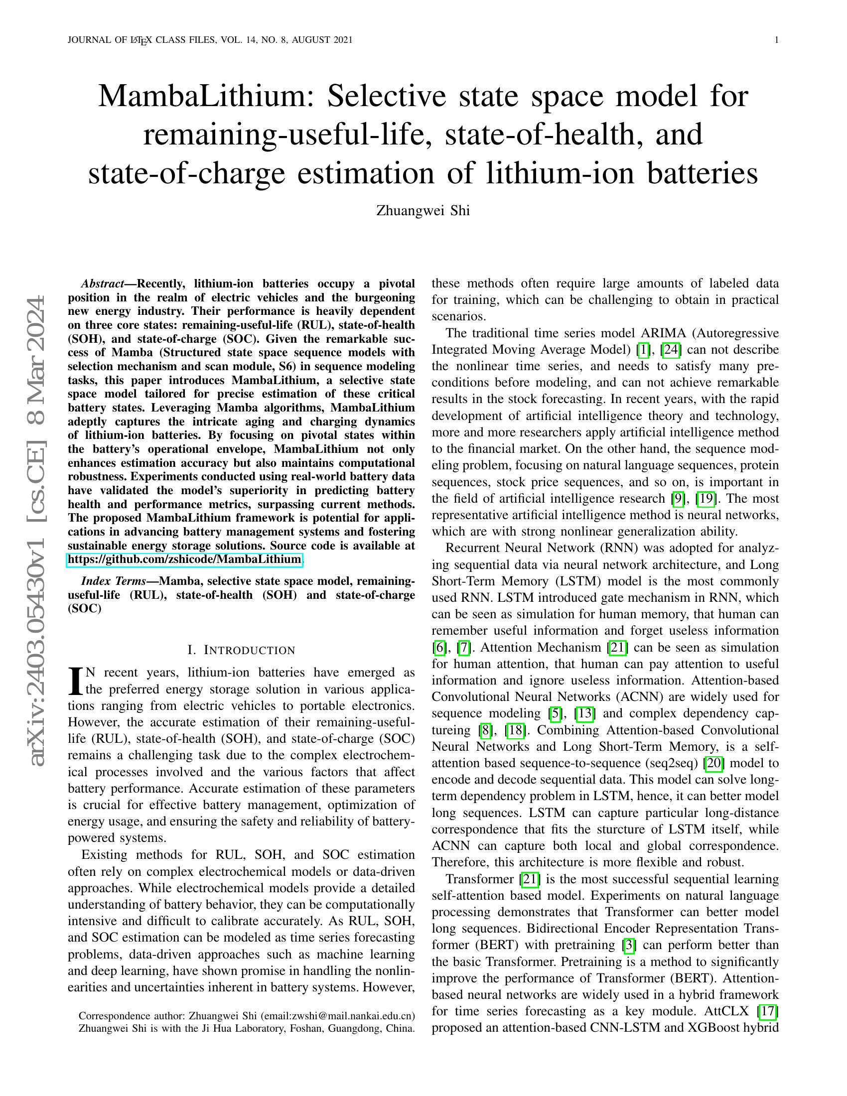 MambaLithium: Selective state space model for remaining-useful-life ...